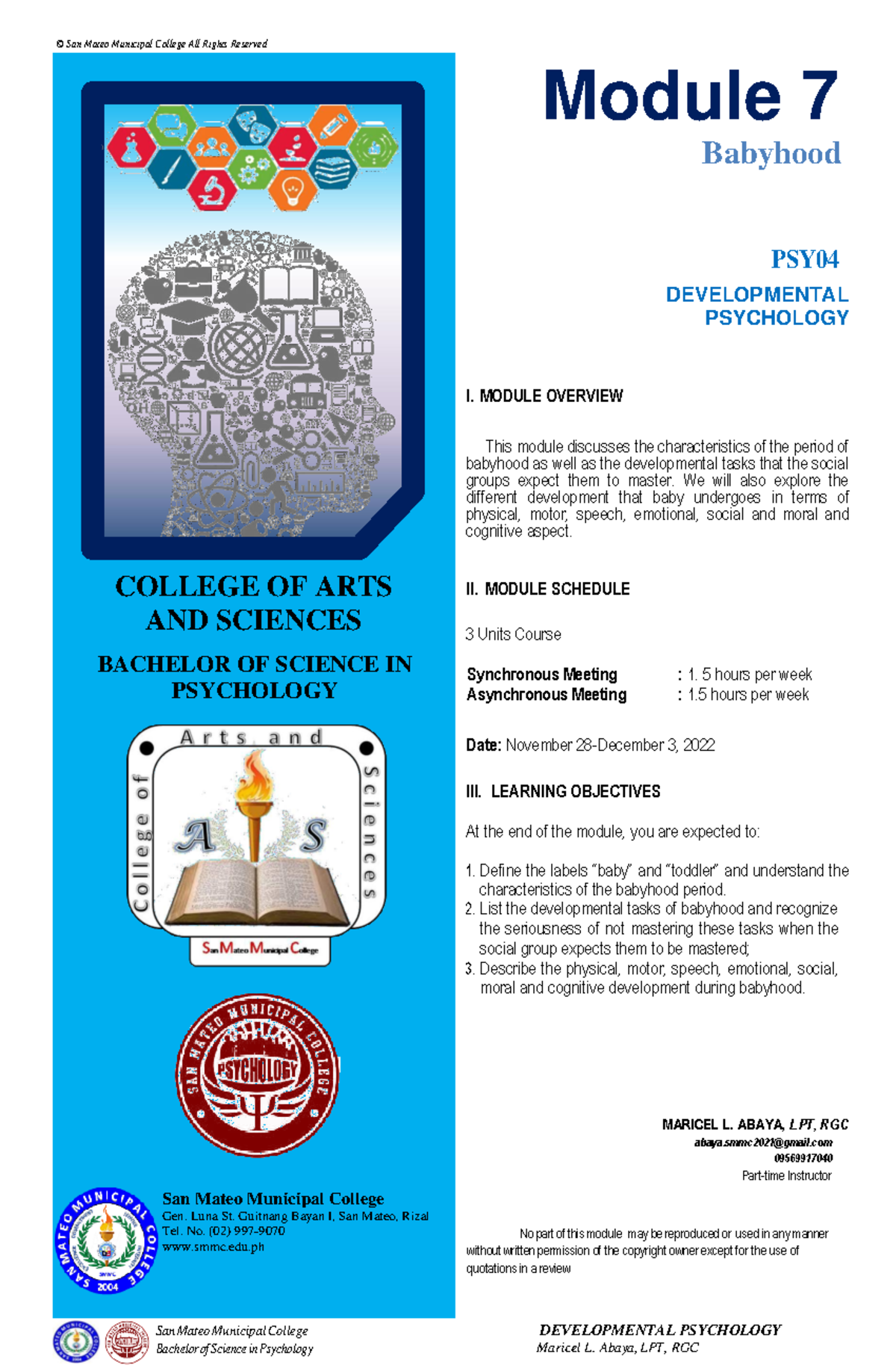 Module 7 PSY04 Babyhood - San Mateo Municipal College DEVELOPMENTAL ...
