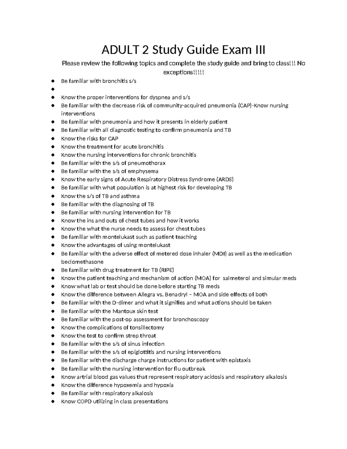 Adult 2 Study Guide Exam III - ADULT 2 Study Guide Exam III Please ...