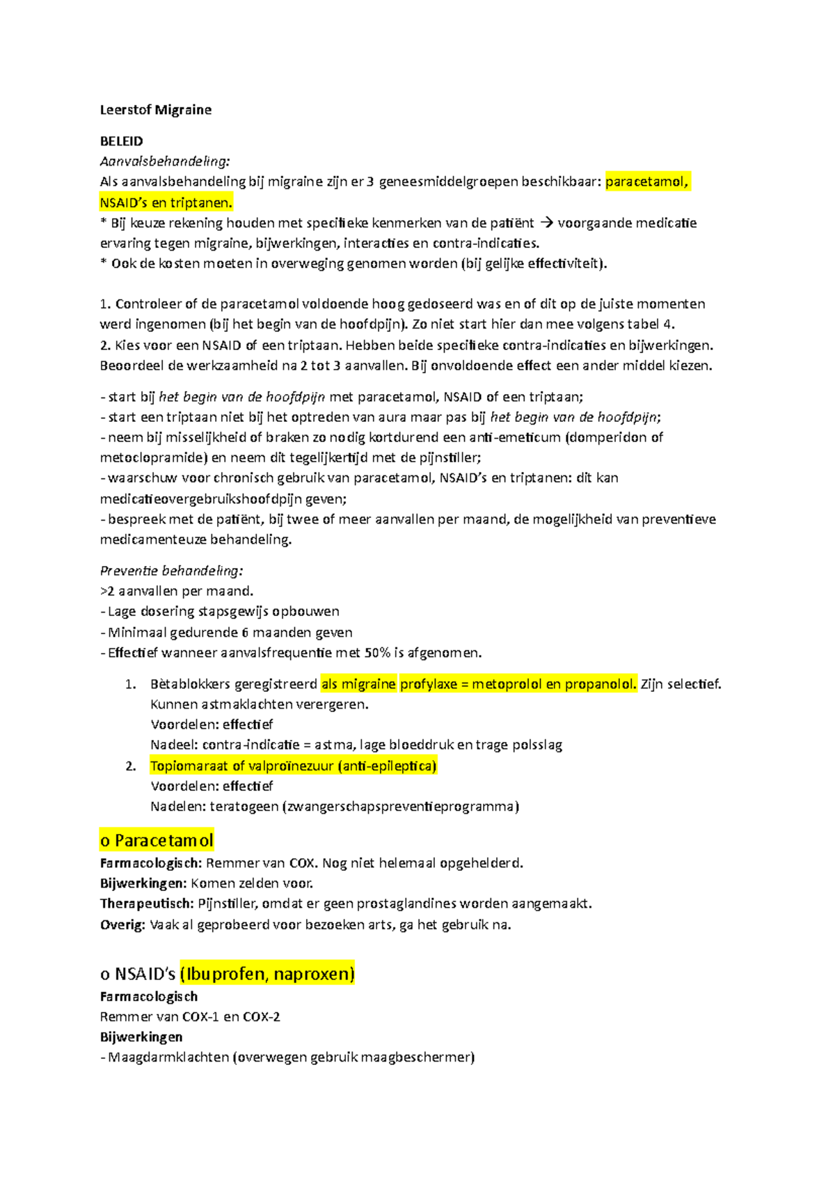 Leerstof Migraine - Beleid, geneesmiddelen, aandoening. - Leerstof Migraine BELEID - Studeersnel