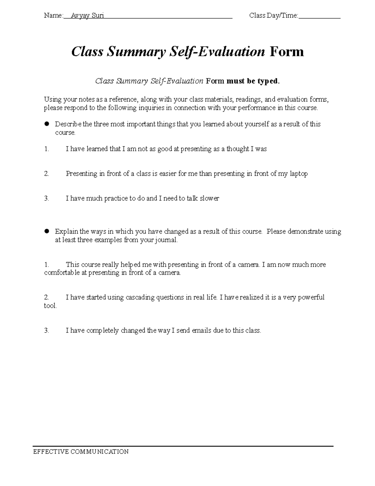 Class Summary Self-Evaluation Form - Using your notes as a reference ...