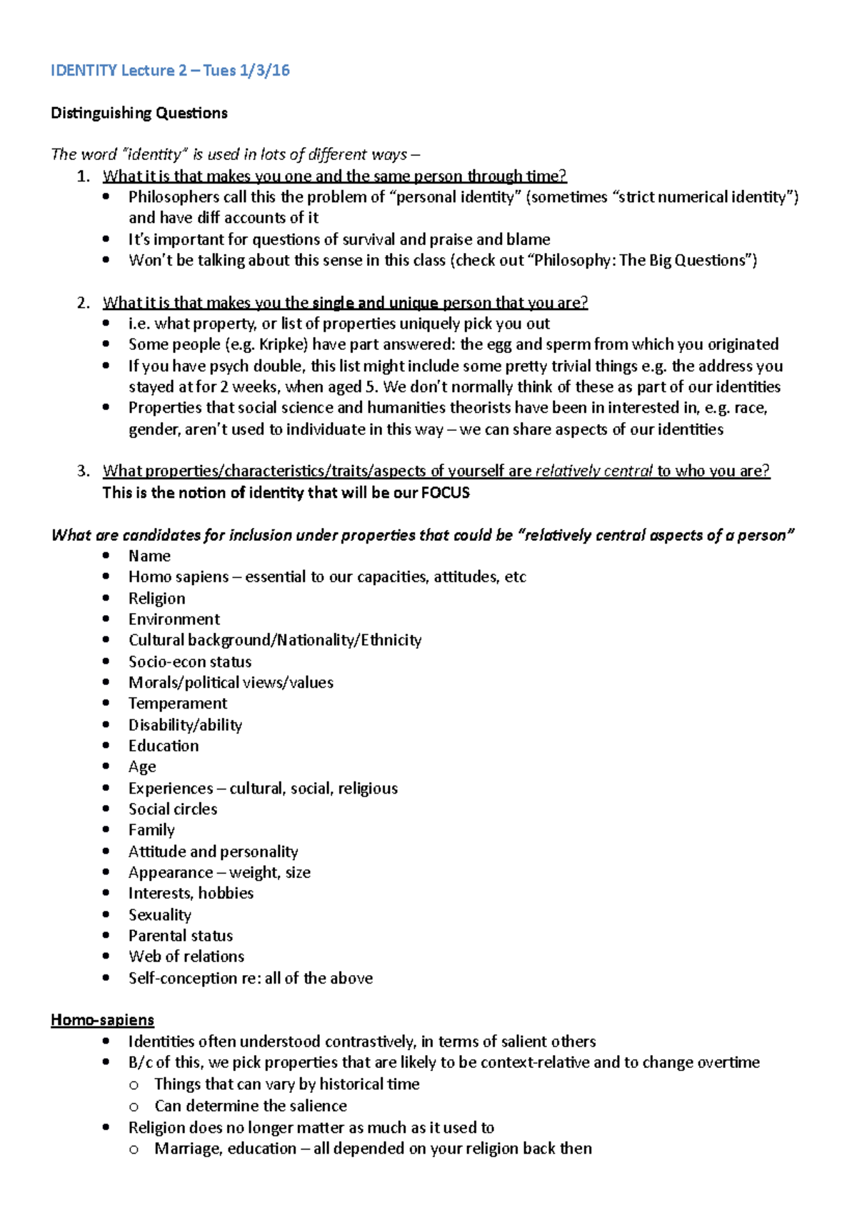 Identity Lecture Notes - IDENTITY Lecture 2 – Tues 1/3/ Distinguishing ...