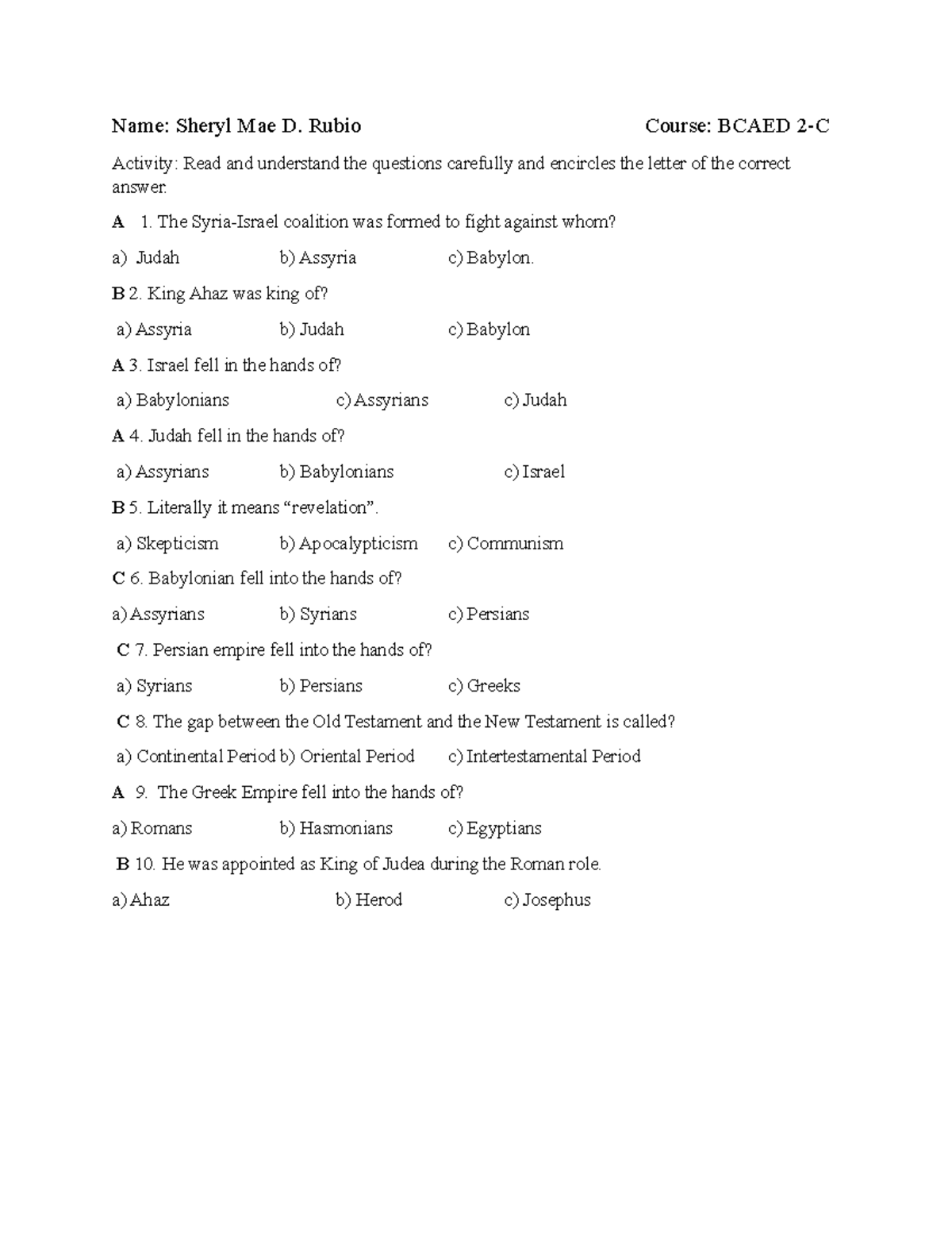 Activity 3 AND Assignment - Name: Sheryl Mae D. Rubio Course: BCAED 2-C ...