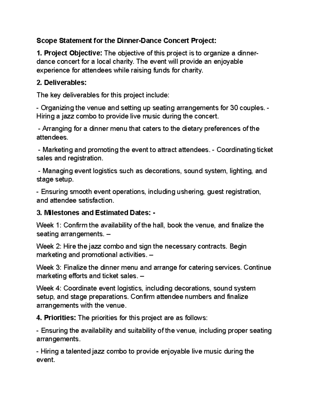 C Hapter 4 a Ssignment - Scope Statement for the Dinner-Dance Concert ...