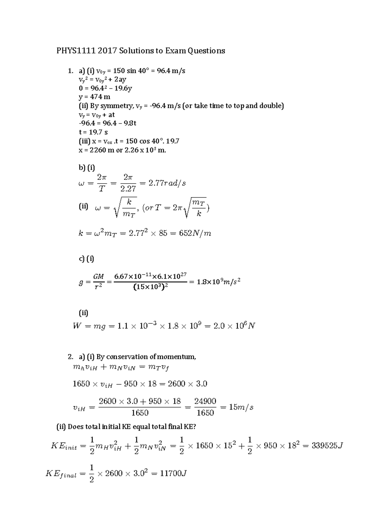 Sample/practice exam 2017, answers - PHYS1111 2017 Solutions to Exam ...