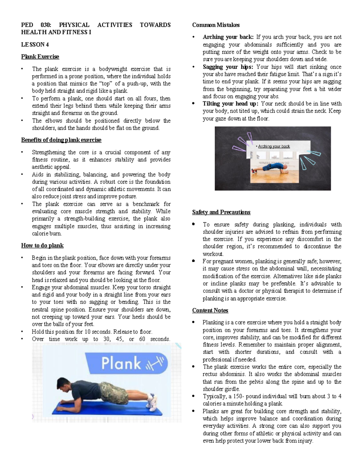PED 030 reviewer - PED 030: PHYSICAL ACTIVITIES TOWARDS HEALTH AND FITNESS I LESSON 4 Plank ...