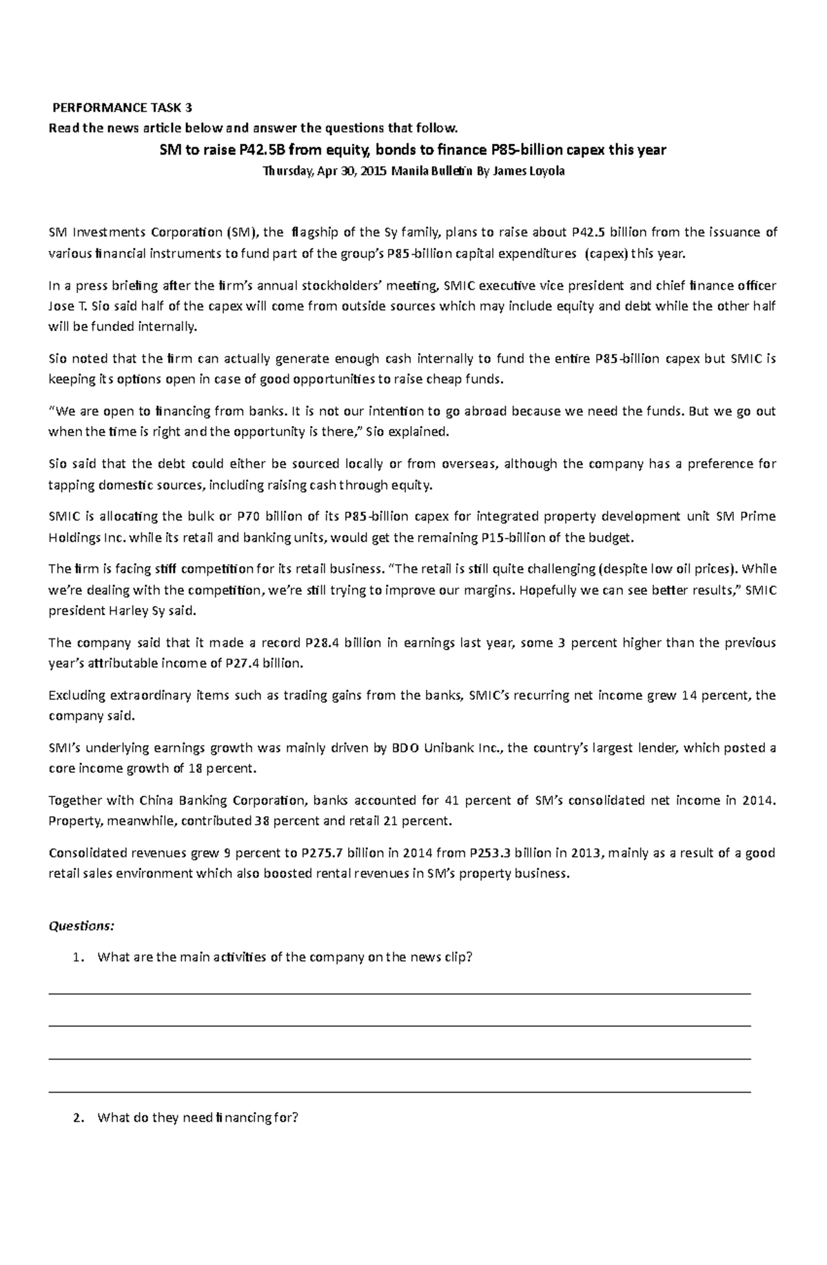 Performance TASK 3- SM CASE Analysis -167967715 - PERFORMANCE TASK 3 Read the news article below ...