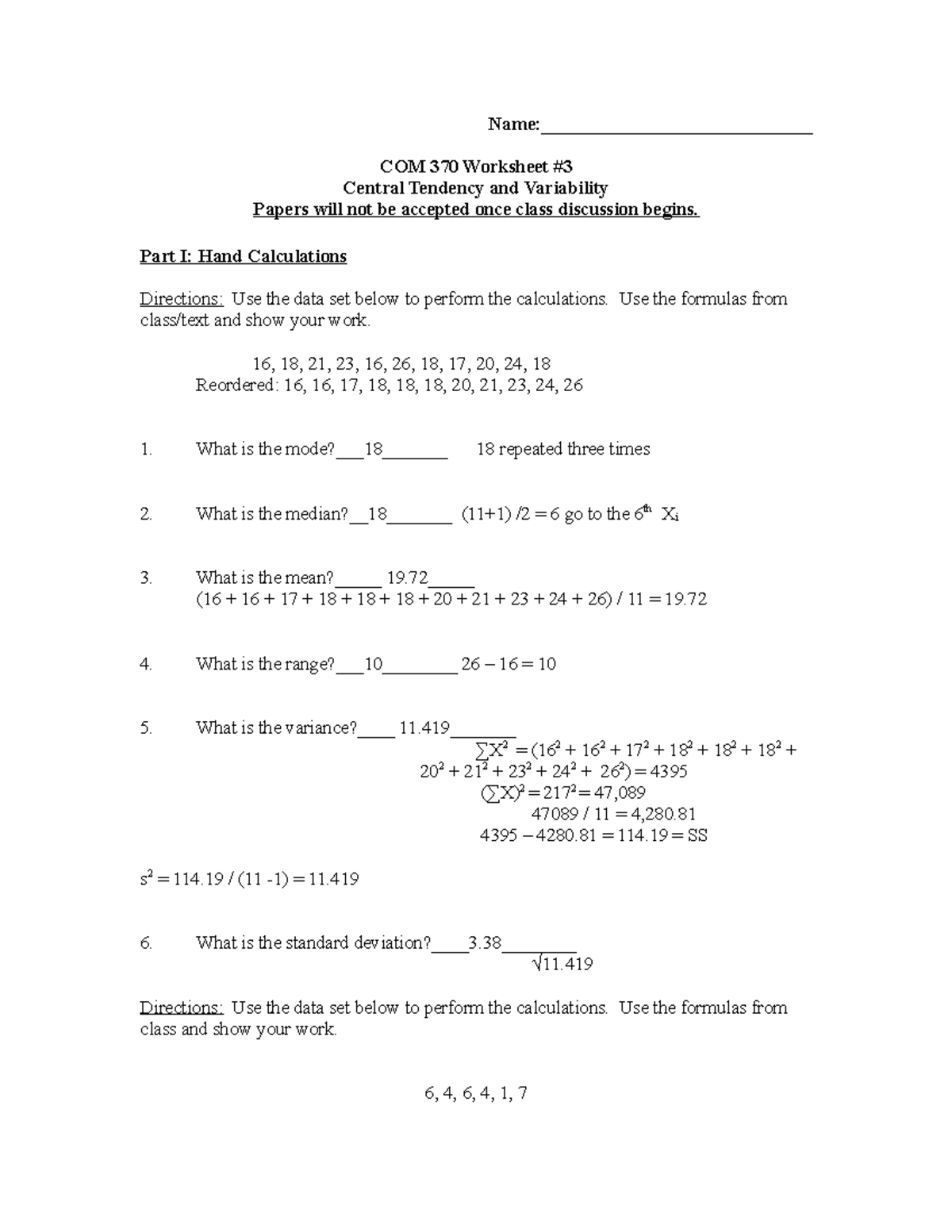 Worksheet 4 Central Tendency Answers - Name ...