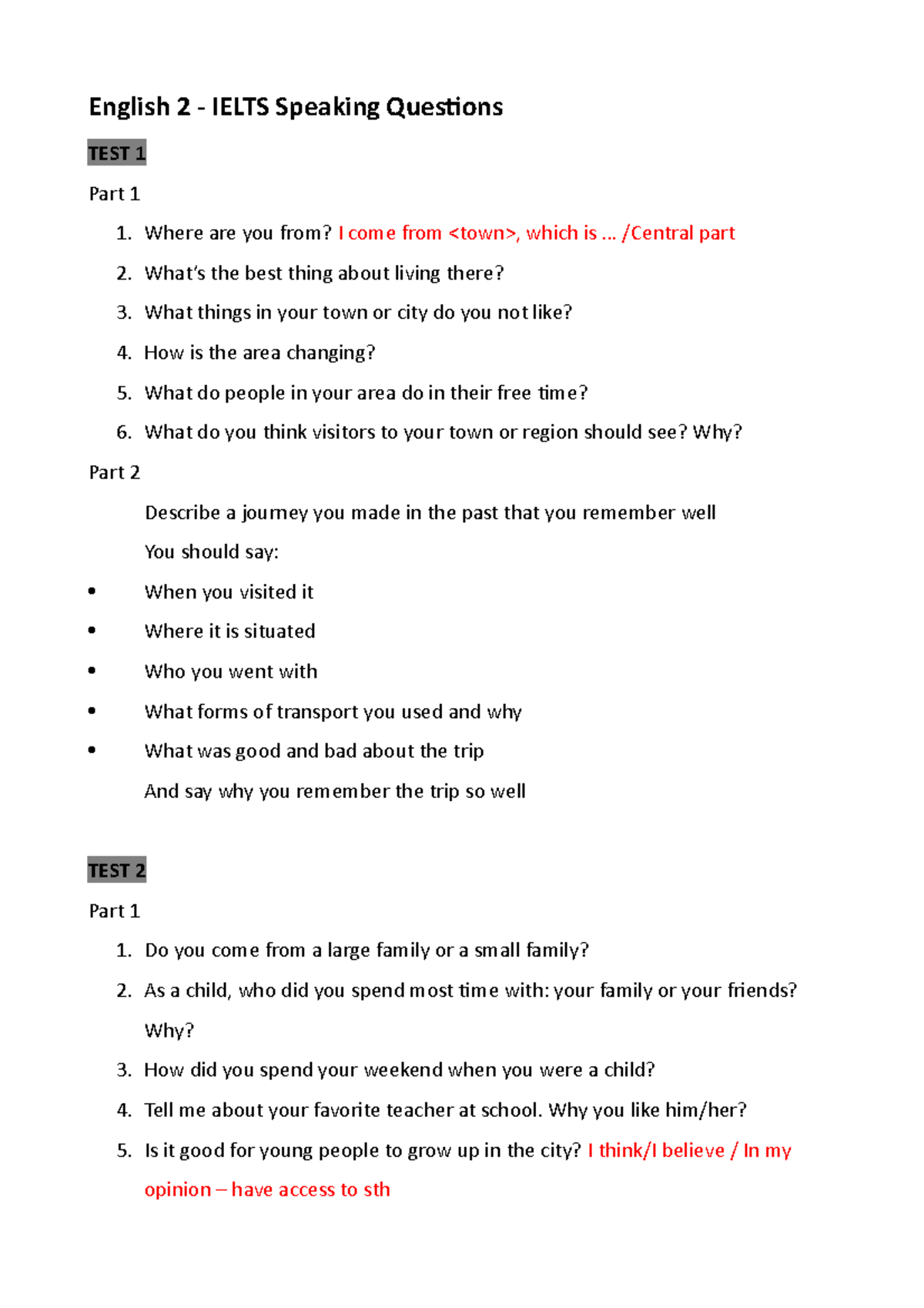 English 2 - Ielts Speaking questions - English 2 - IELTS Speaking ...