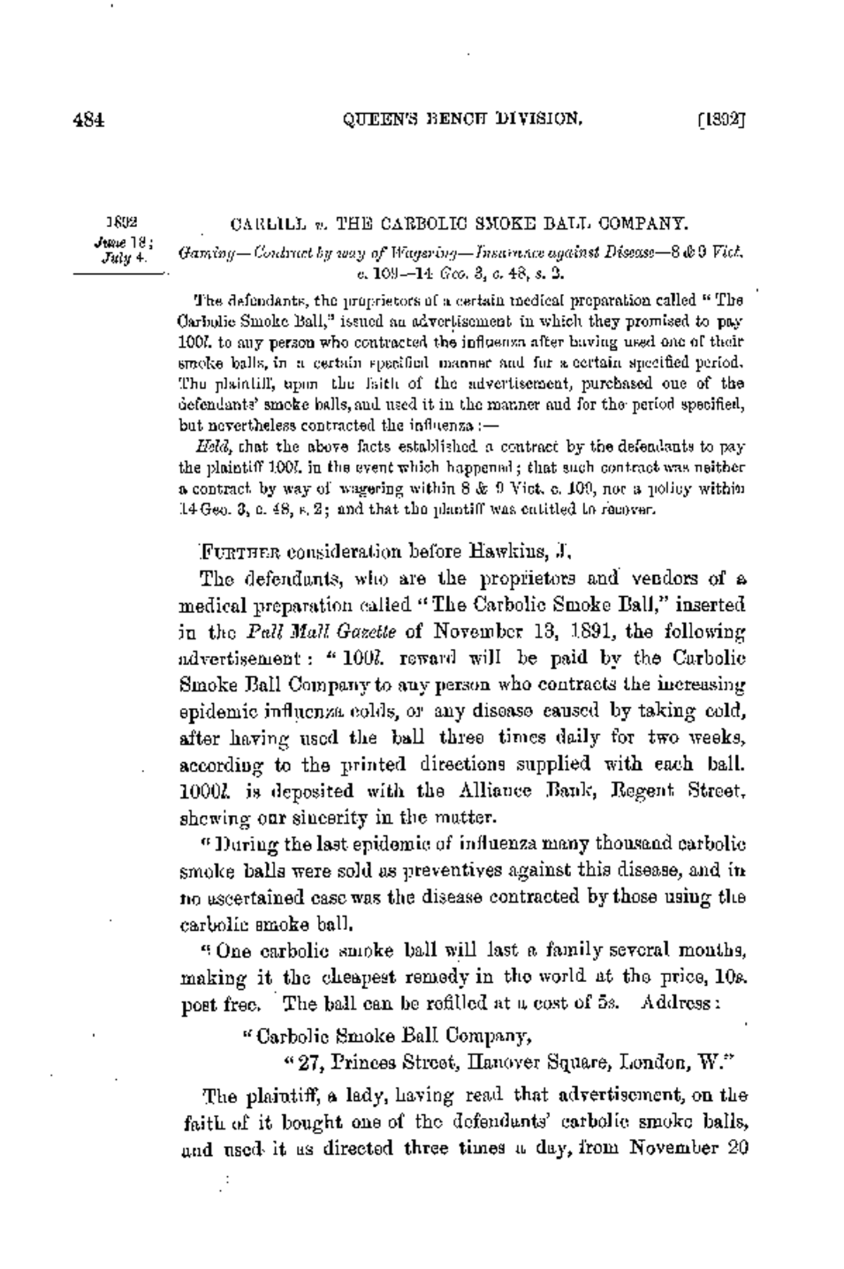 Carlill v THE Carbolic Smoke BALL Company 1892 2 Q B 484 - 484 BENCH ...