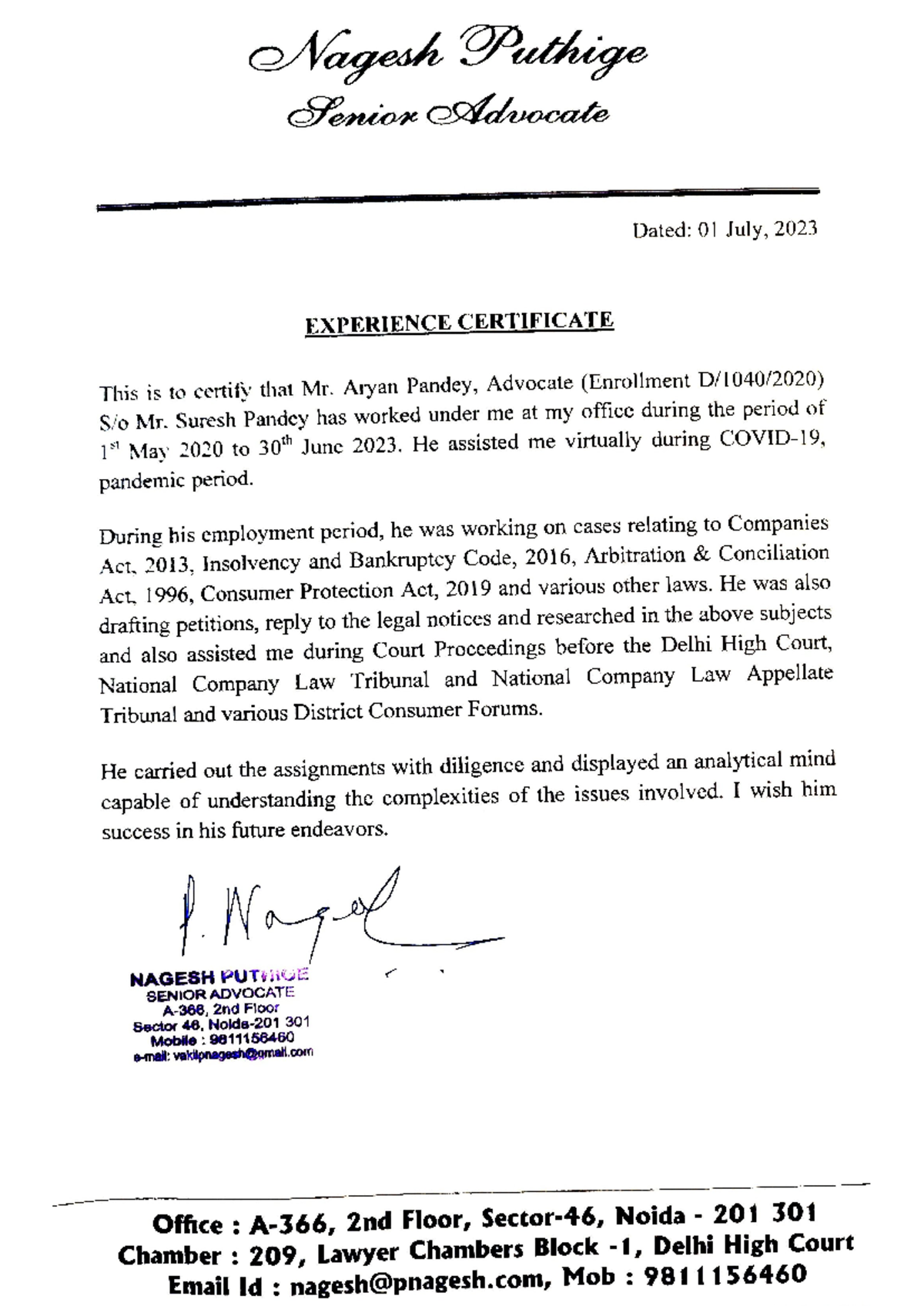 Experience Letter - Nagesh Puthige Senior Advocate Dated: 01 July, 2023 ...