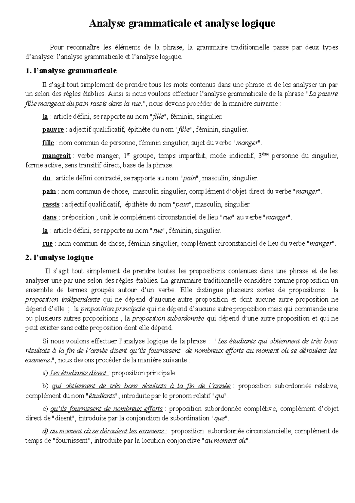 06 - Analyse grammaticale et logique - Analyse grammaticale et analyse logique Pour reconnaître ...