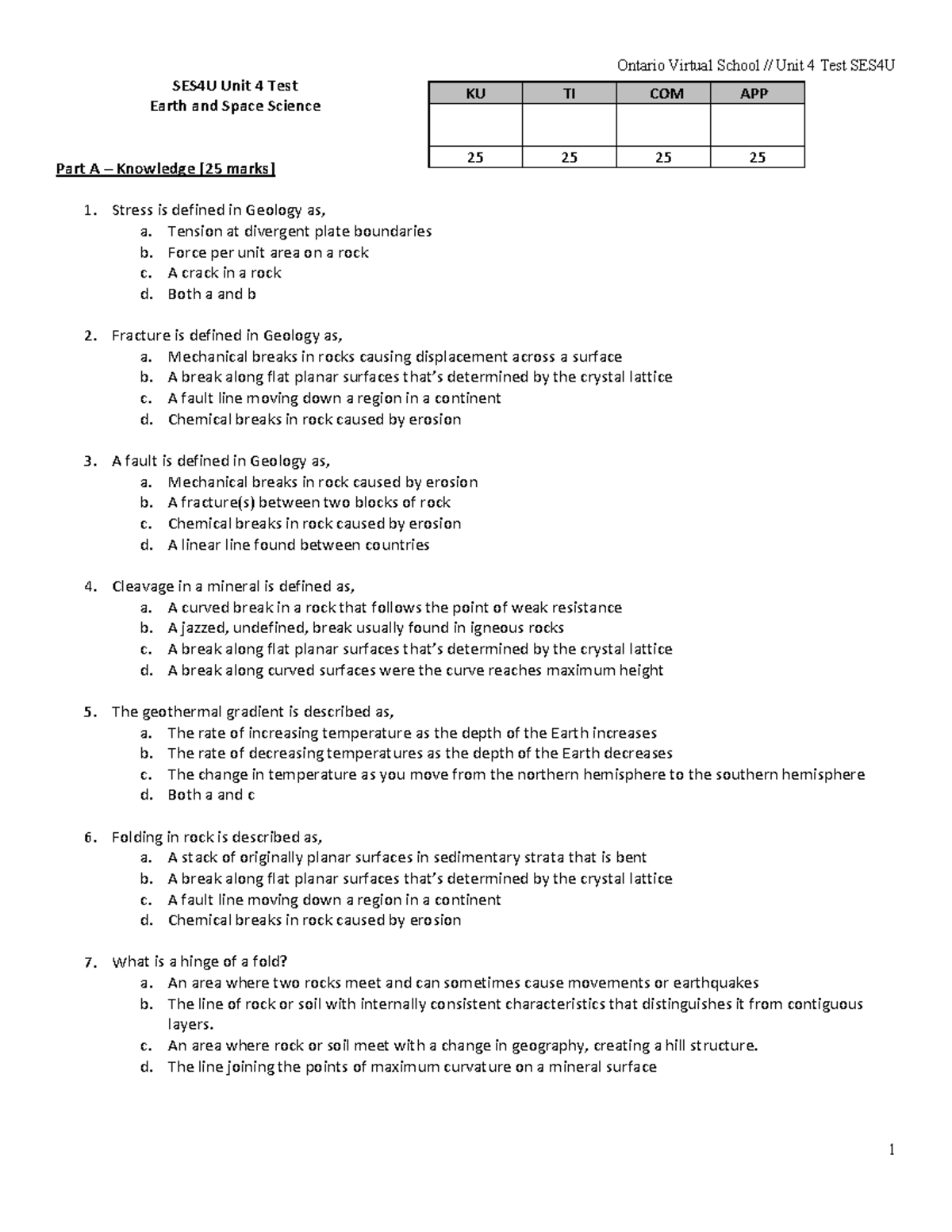 SES4U Unit 4 Test - SES4U Unit 4 Test Earth and Space Science Part A ...