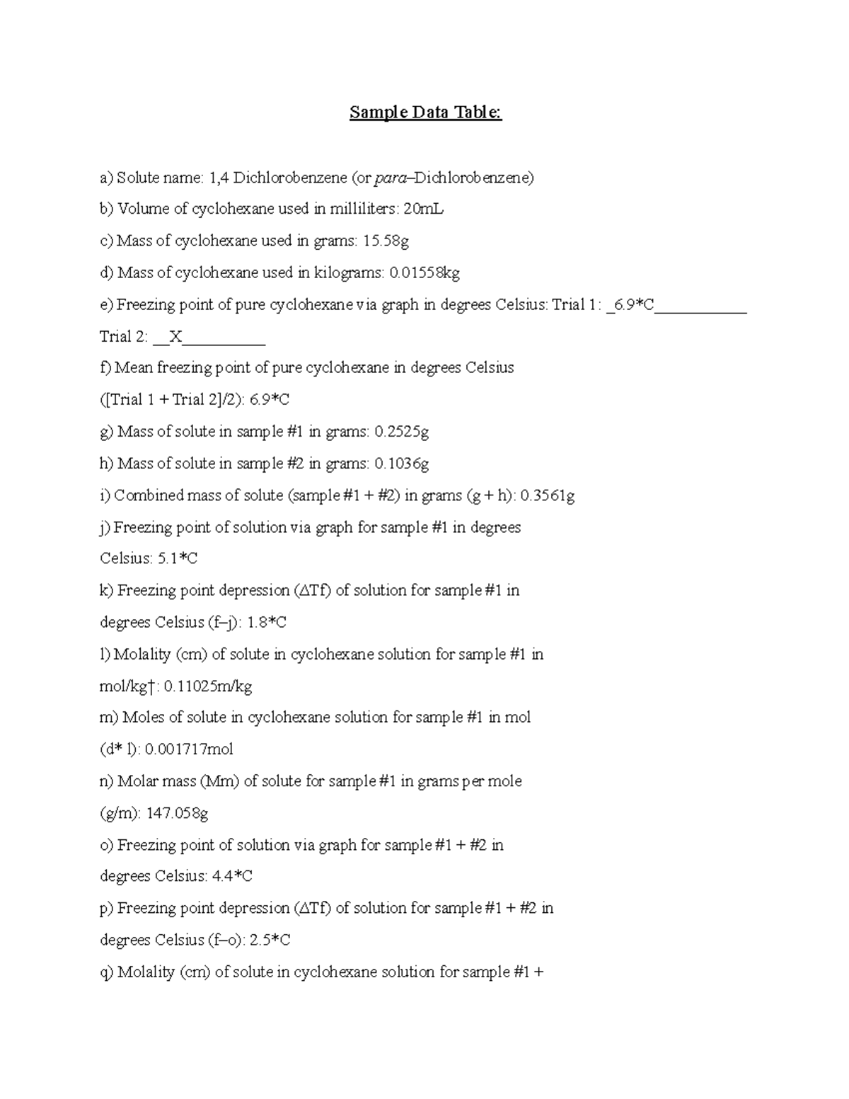 Lab 2 - lab 2 - Sample Data Table: a) Solute name: 1,4 Dichlorobenzene ...