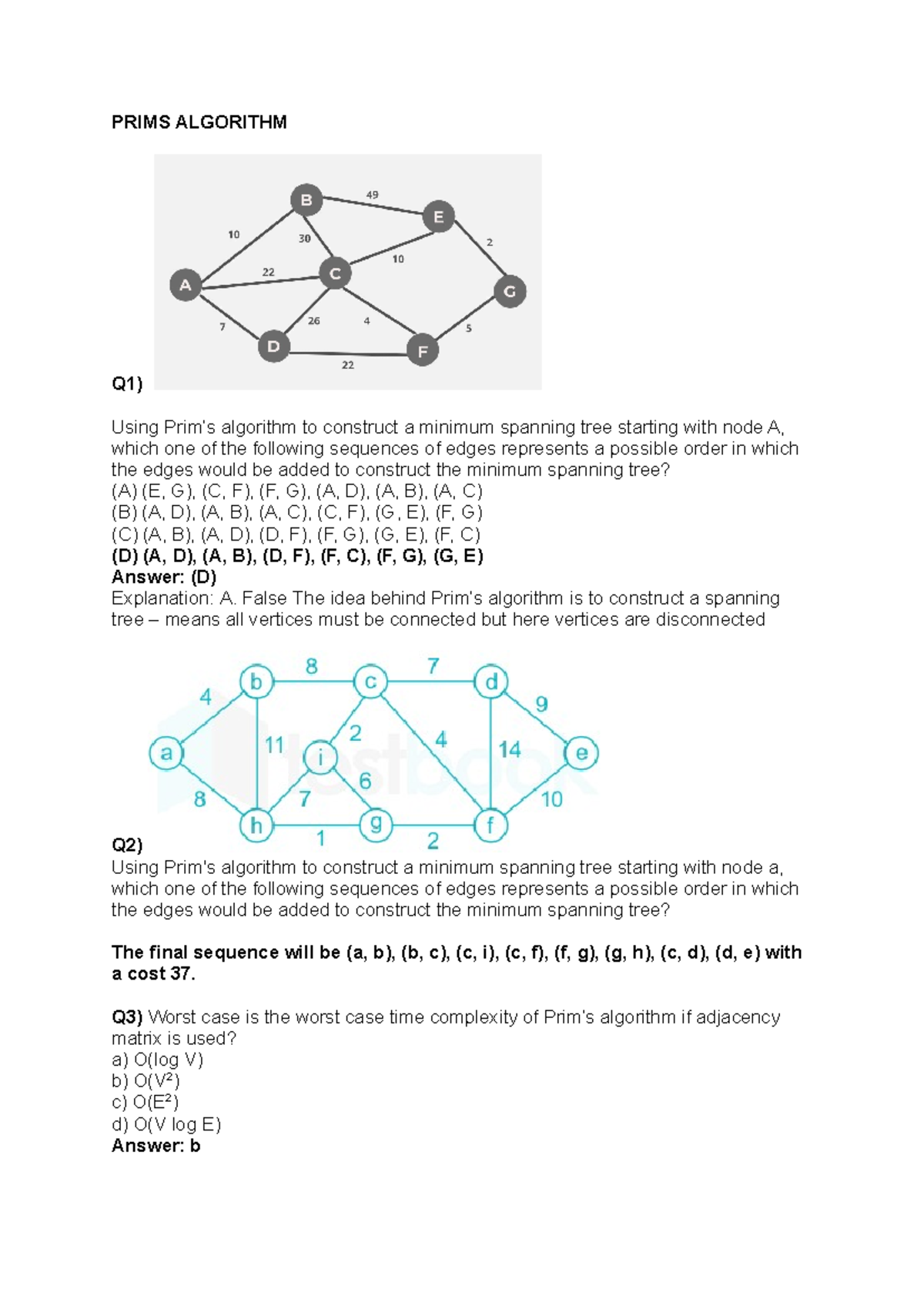Gate portfolio - gate qs - PRIMS ALGORITHM Q1) Using Prim’s algorithm to construct a minimum ...