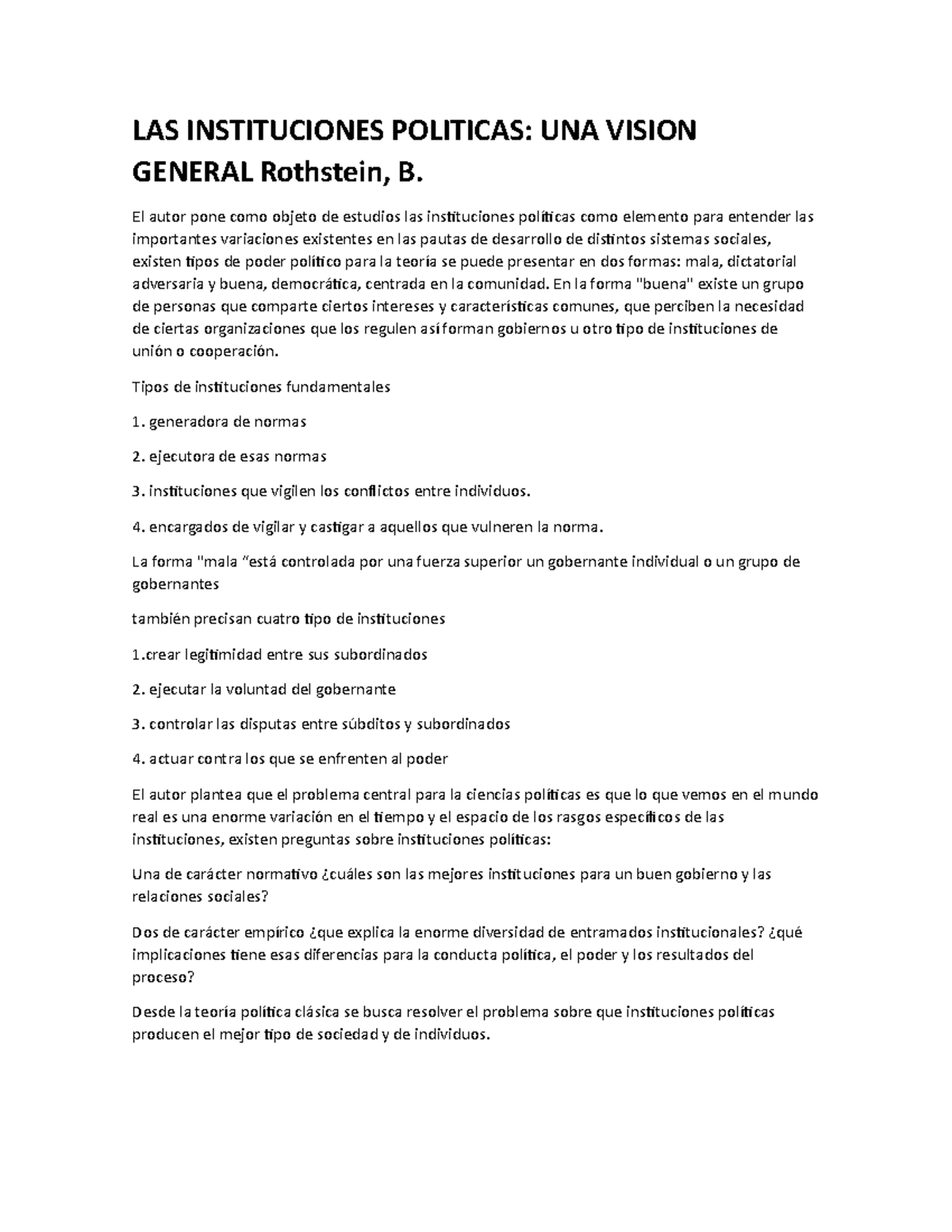 Control de lectura Rothstein B - LAS INSTITUCIONES POLITICAS: UNA ...