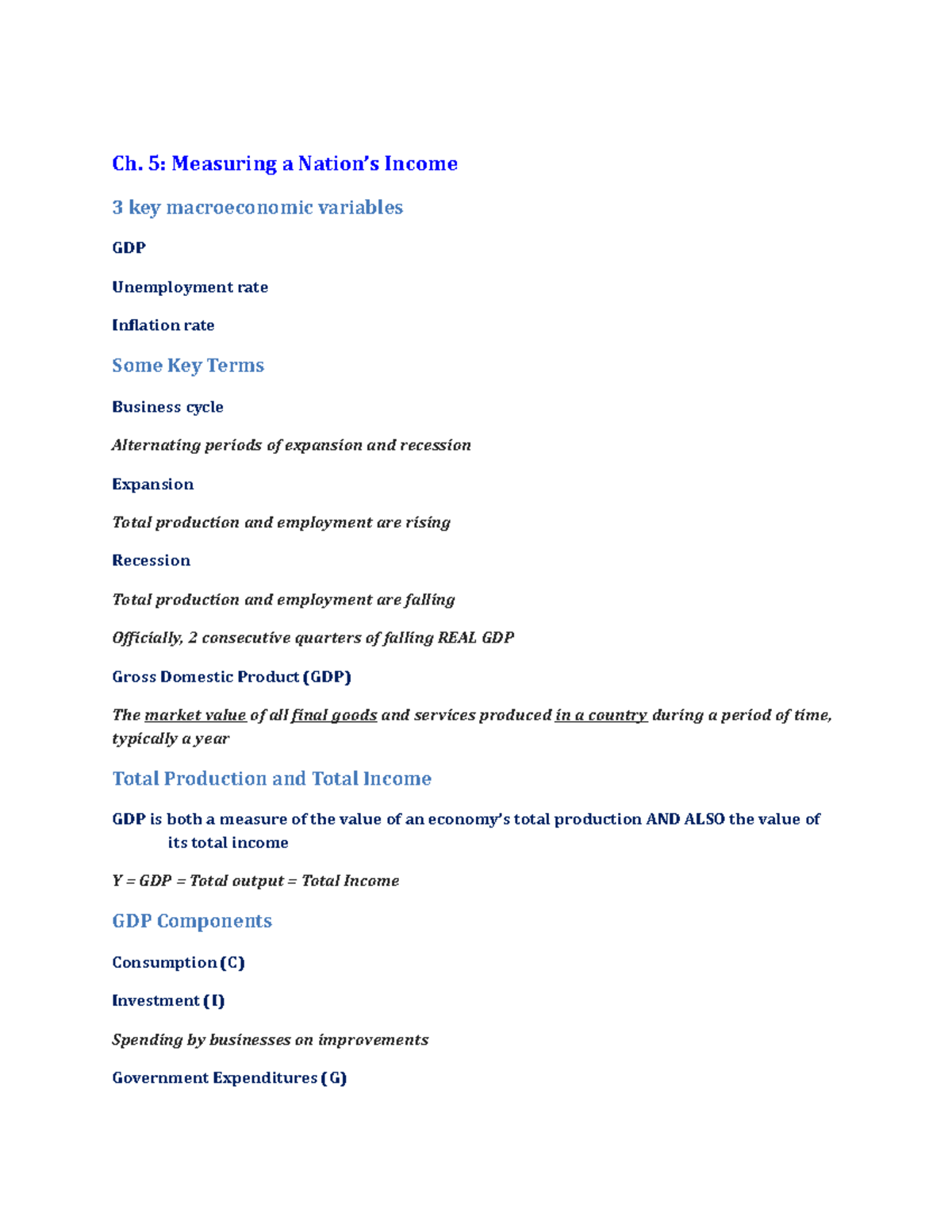 Unit 2 Notes - Ch. 5: Measuring a Nation’s Income 3 key macroeconomic ...