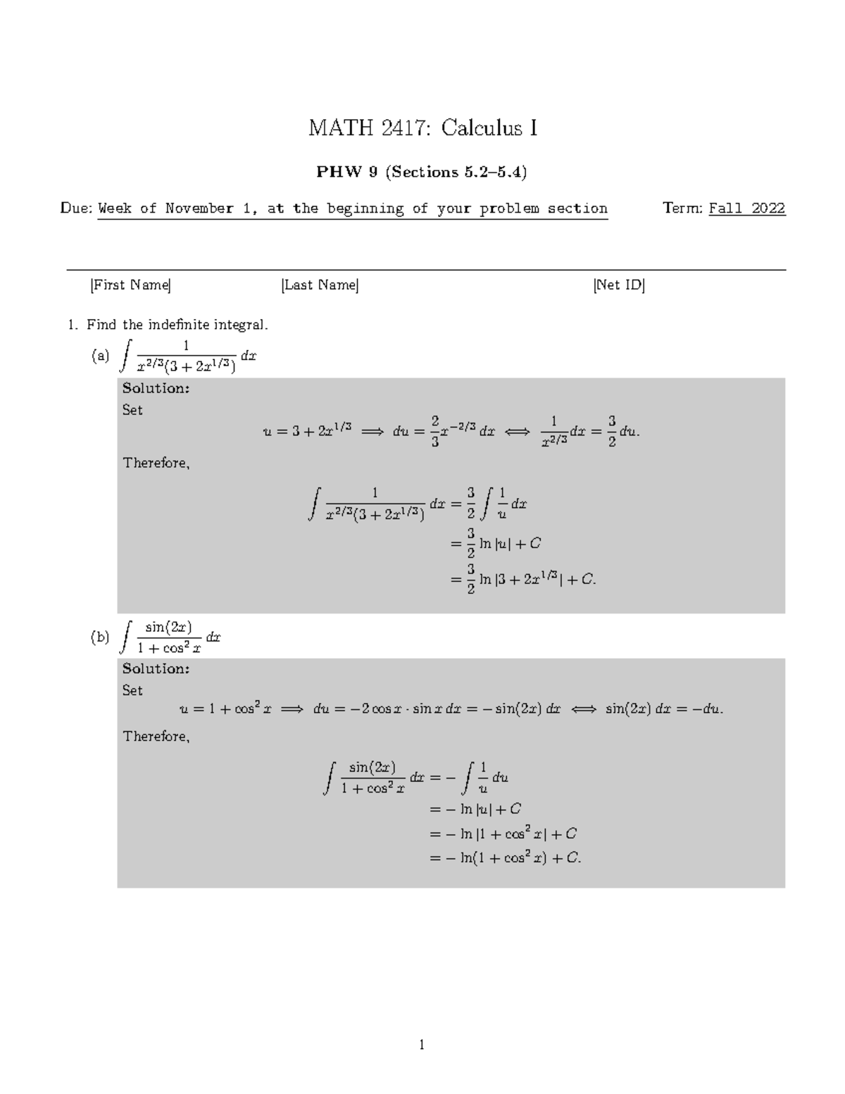 PHW09-Solutions - MATH 2417 homework answers - MATH 2417: Calculus I ...