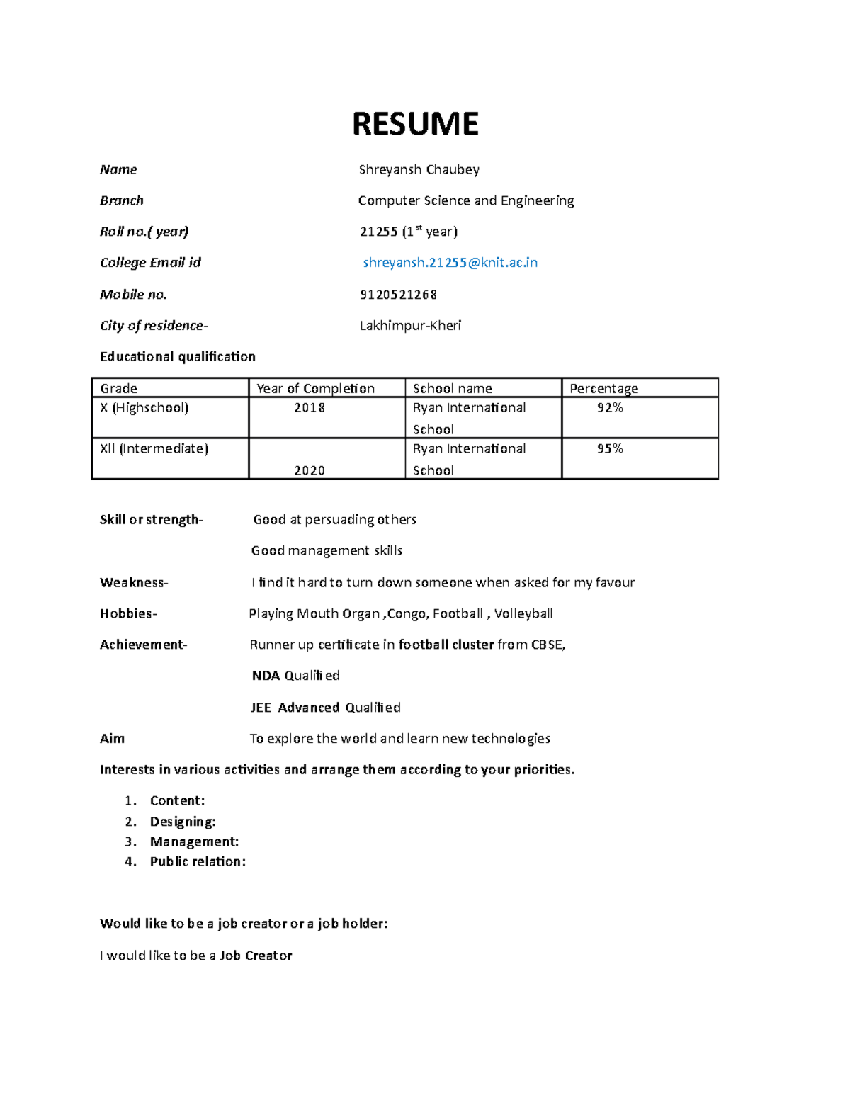 Cv startup cell - start up cell cv example - RESUME Name Shreyansh ...
