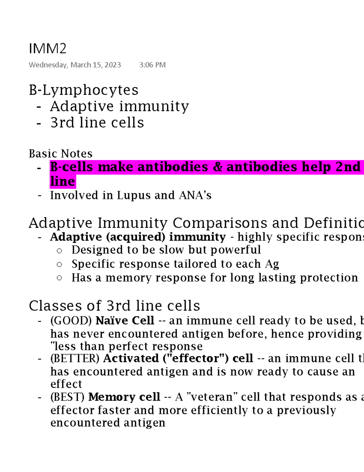 IMM2 - furrer - B-Lymphocytes - Adaptive immunity - 3rd line cells ...