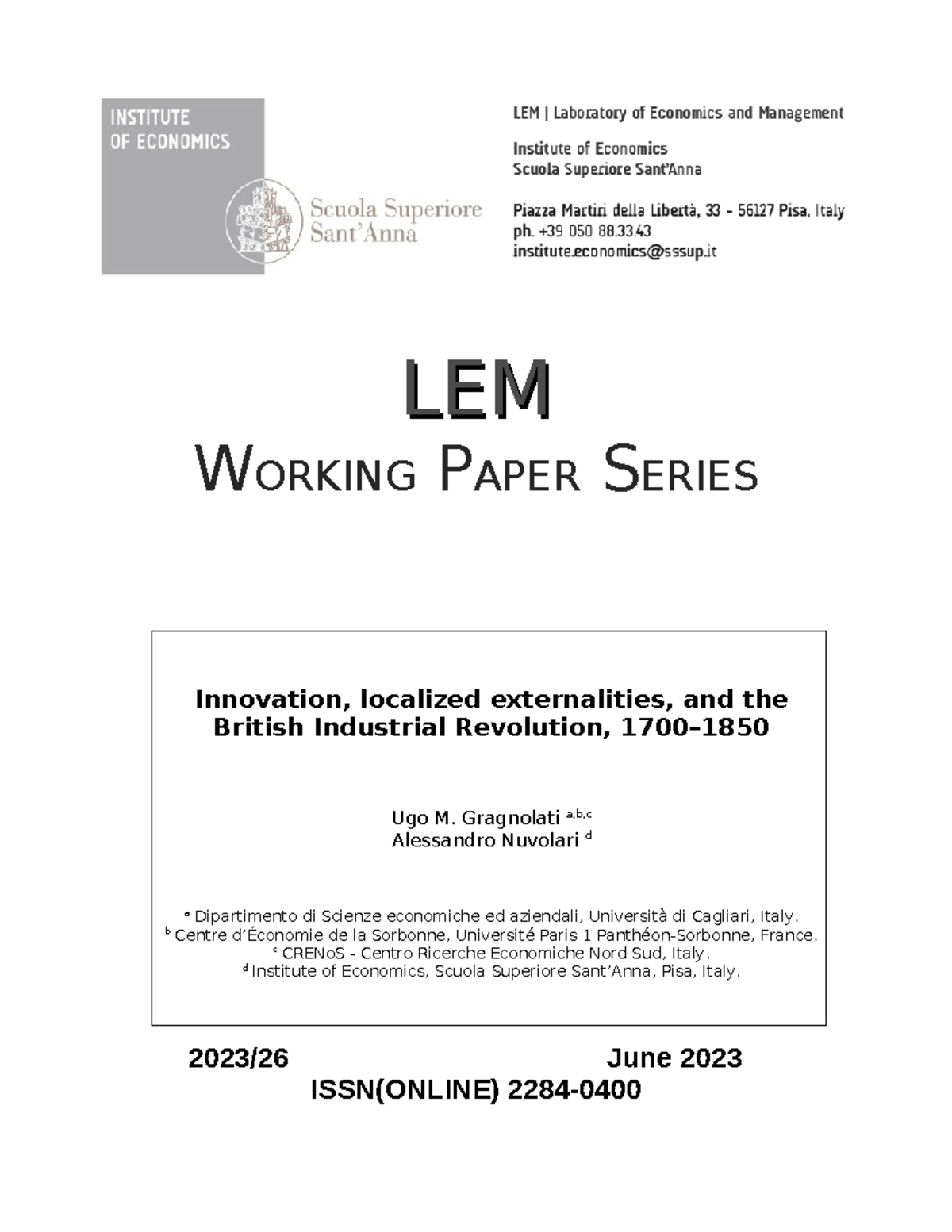 2023-26 - LEMLEM WORKING PAPER SERIES Innovation, localized externalities, and the British - Studocu
