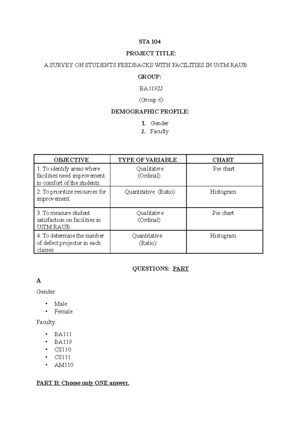 STA104 Questionnaire BA1192J( Group 6) - STA 104 PROJECT TITLE: A SURVEY ON STUDENTS FEEDBACKS ...