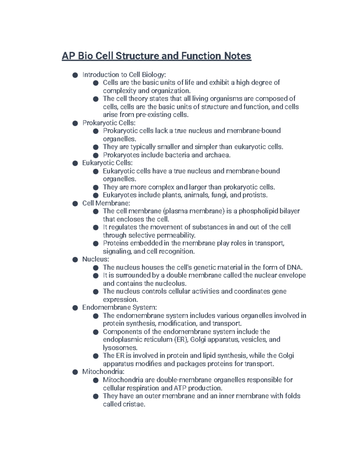 AP Bio Cell Structure and Function Notes - The cell theory states that ...