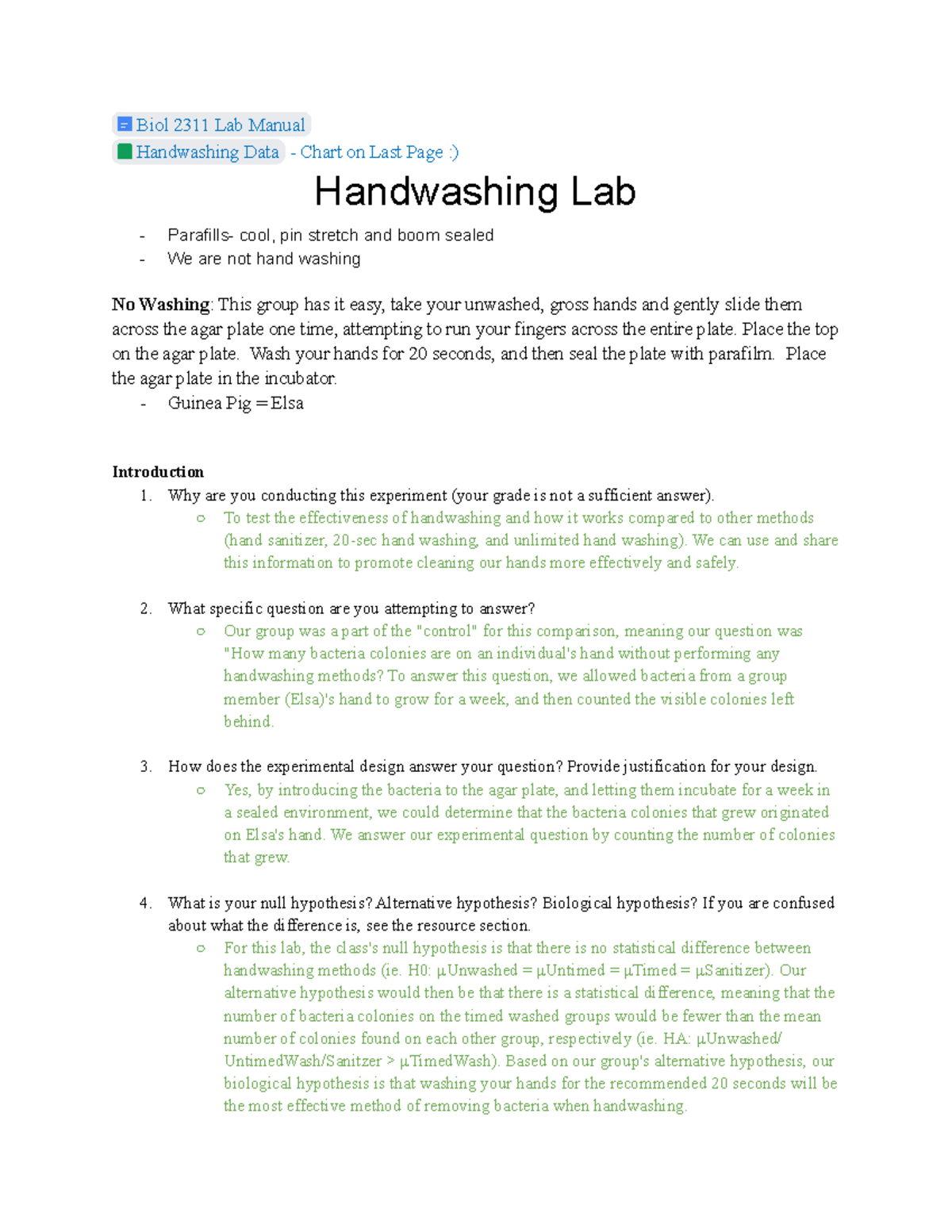 Biology lab work - Biol 2311 Lab Manual Handwashing Data - Chart on ...
