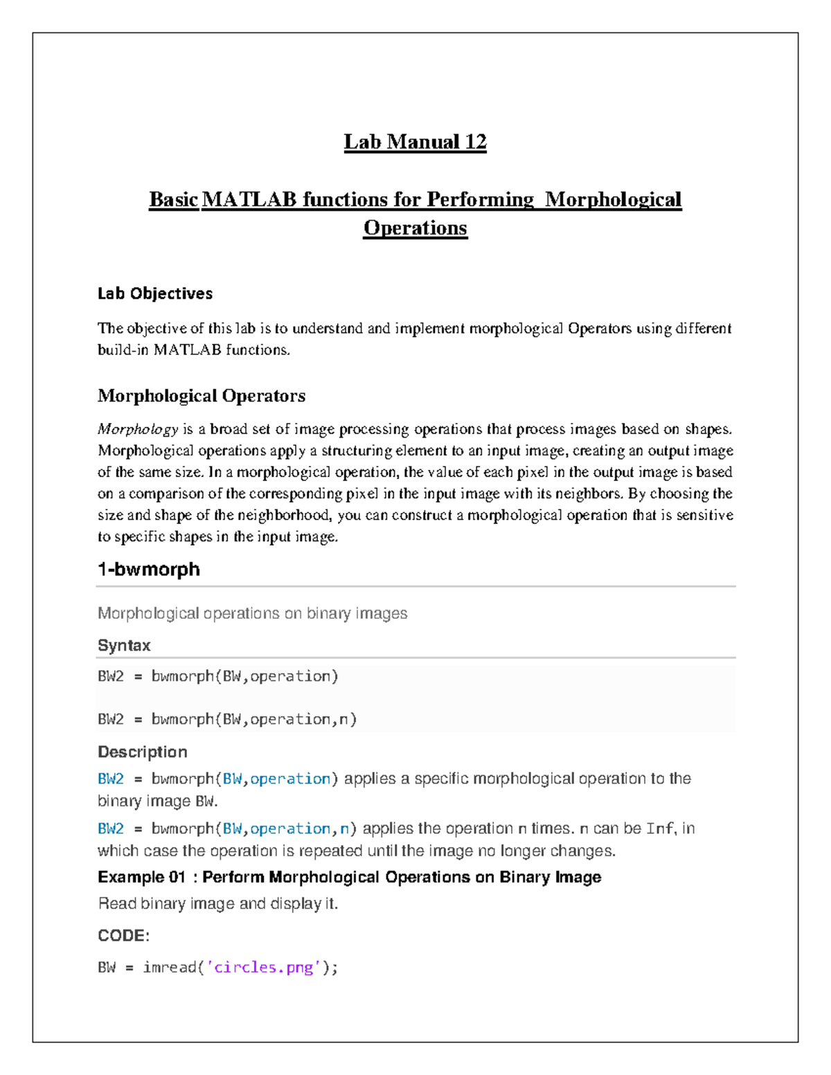 DIP Lab Manual 12 - very interesting course - Lab Manual 12 Basic MATLAB functions for ...