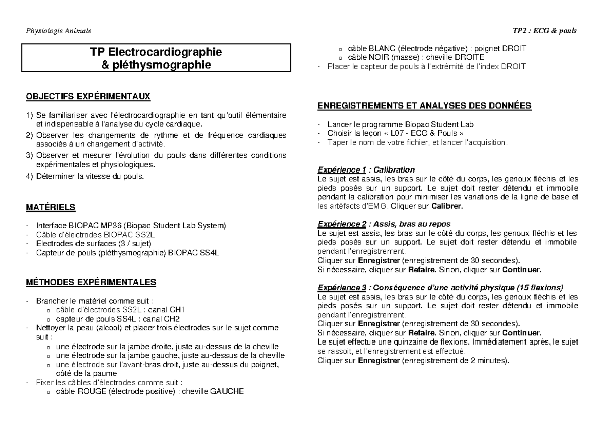 TP2 - ECG et pléthysmographie - Physiologie Animale TP2 : ECG & pouls ...