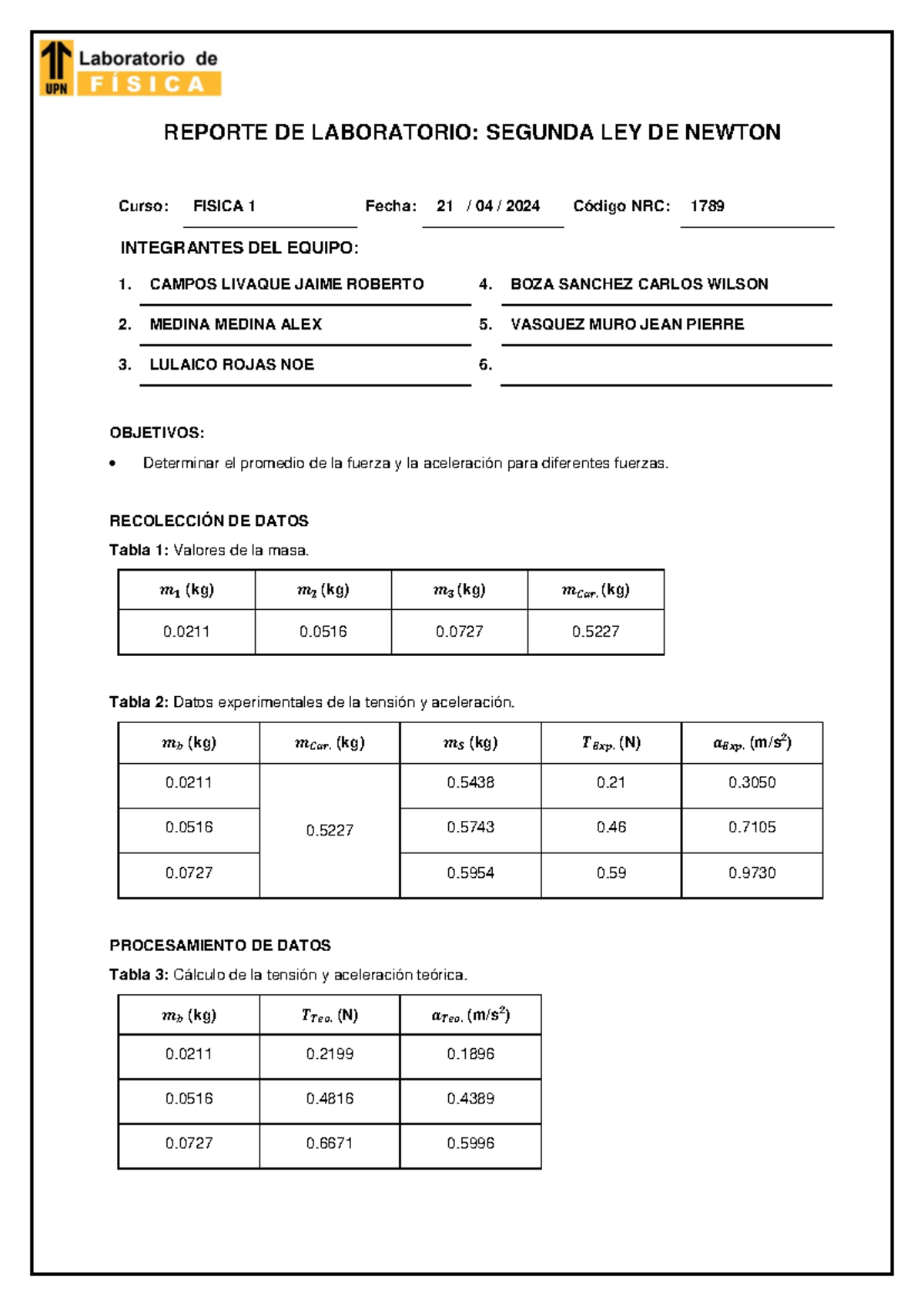 2024 Reporte LAB FISI1 S04 2LN 2024 - REPORTE DE LABORATORIO: SEGUNDA LEY DE NEWTON Curso ...