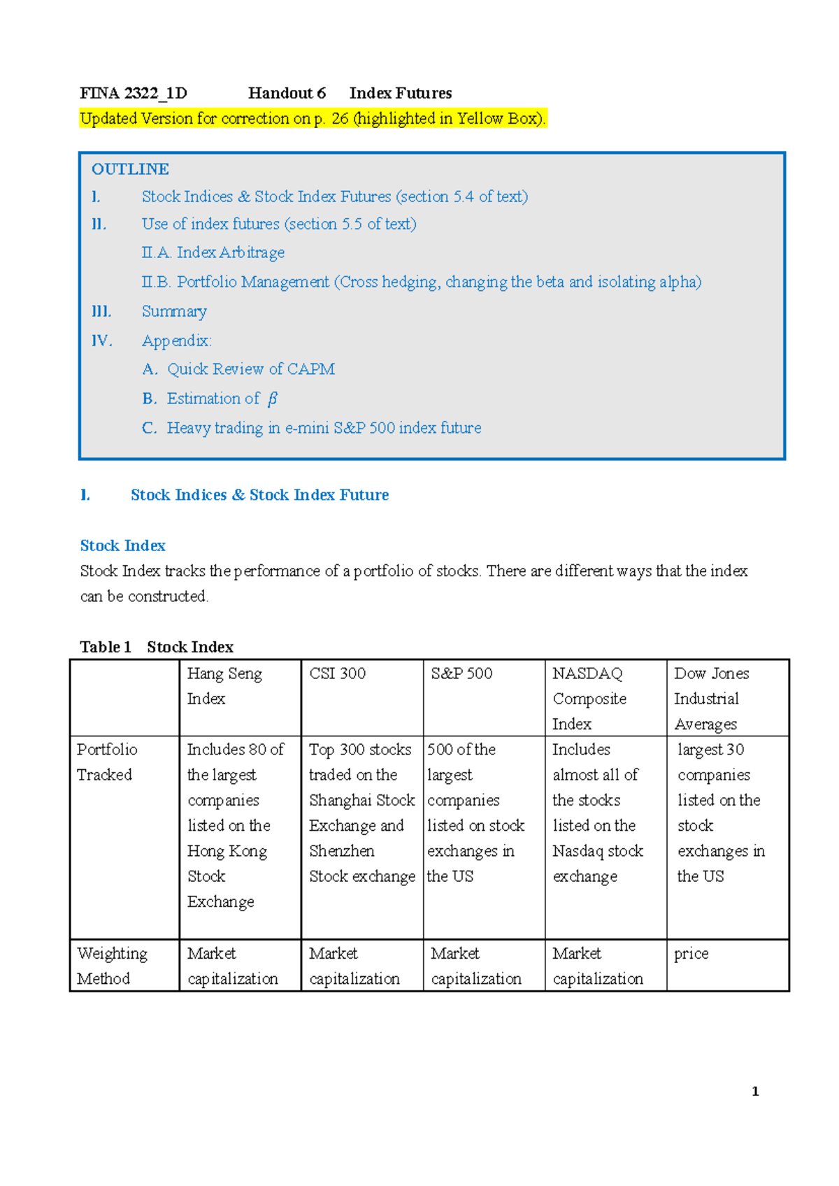 FINA 2322 Handout 6 Index Futures - FINA 2322_1D Handout 6 Index ...