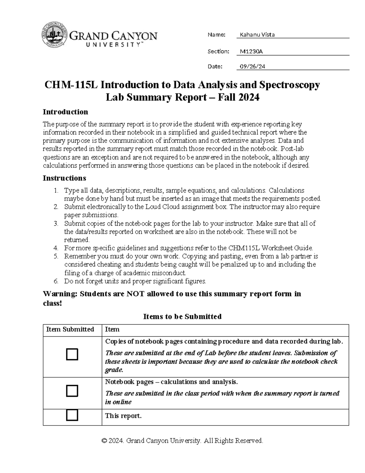 CHM-115L-RS-Exp2-Data Acquisition And Spectroscopy- Kahanu Vista-Fa24 - Section: M1230A Date: 09 ...
