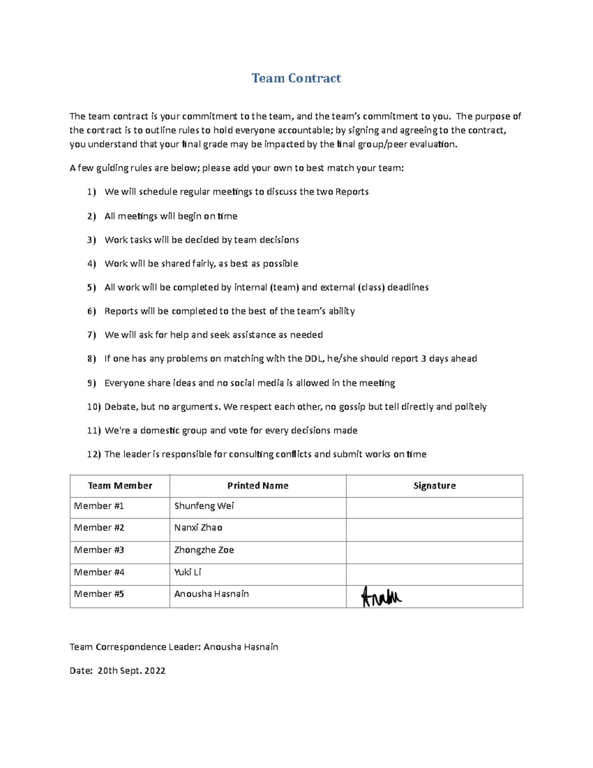 Team Contract Editable Word Document - Team Contract The team contract ...