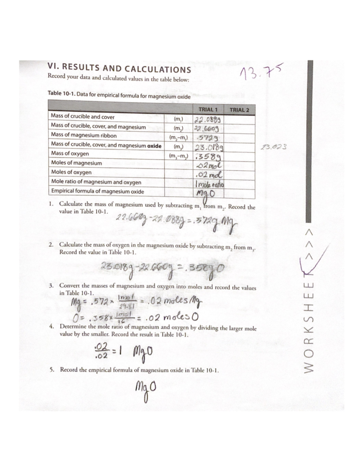 Lab 10 Determining The Empirical Formula Of Magnesium Oxide CHEM 100