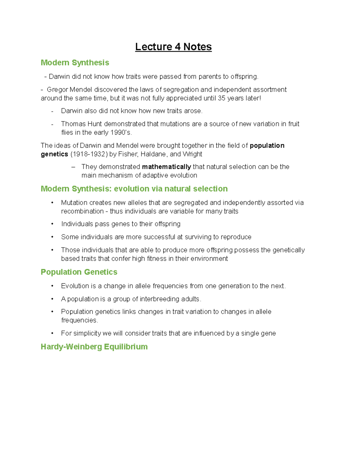 Lecture 4 Notes - Modern synthesis, population genetics, Hardy-Weinberg ...