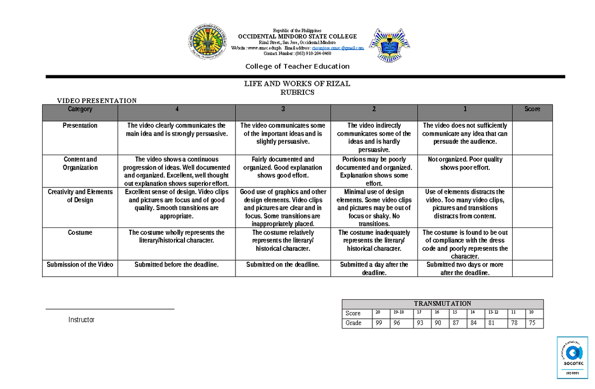Rubrics - Republic of the Philippines OCCIDENTAL MINDORO STATE COLLEGE ...