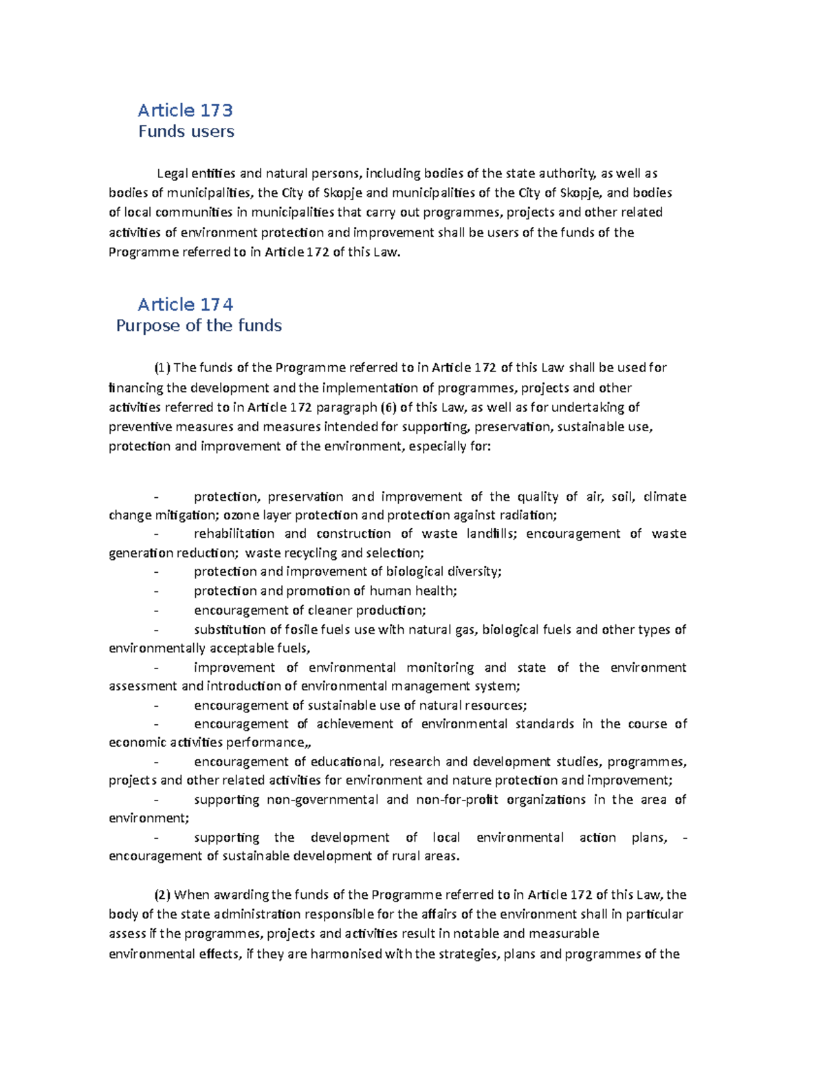 Environmental law m34 - Article 173 Funds users Legal entities and ...