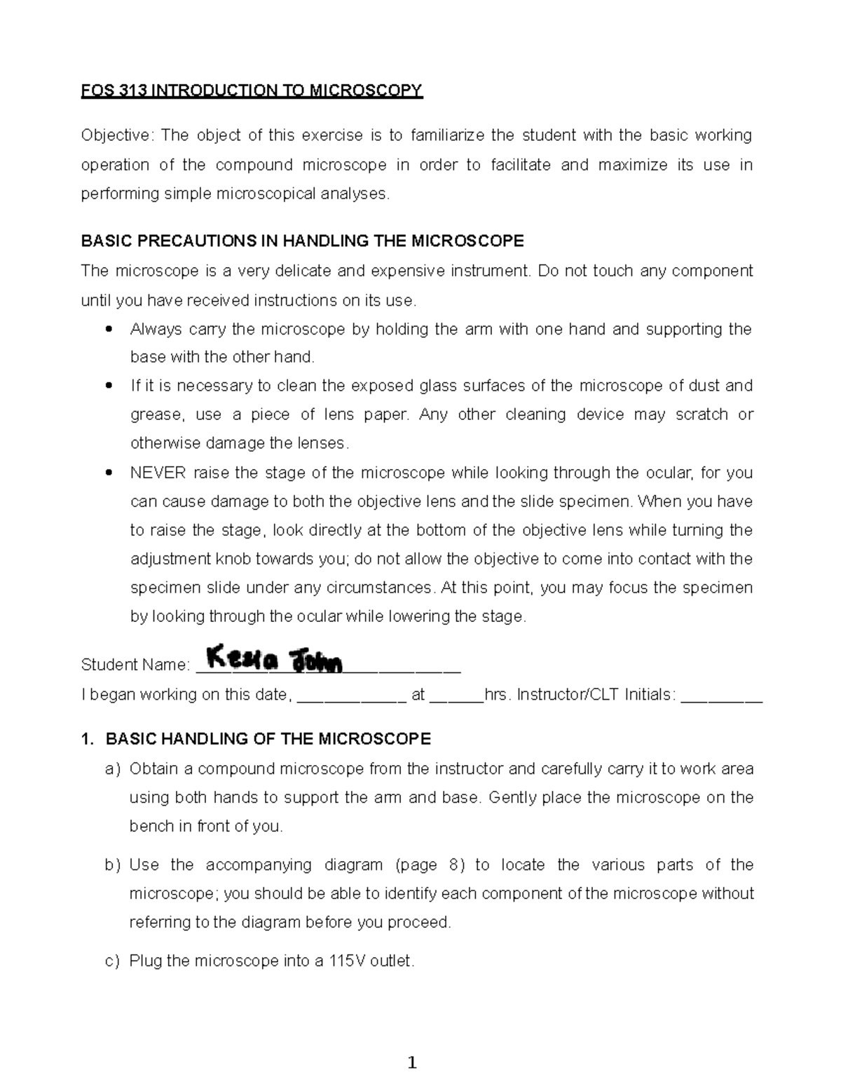Lab 1 Microscopy - FOS 313 INTRODUCTION TO MICROSCOPY Objective: The ...