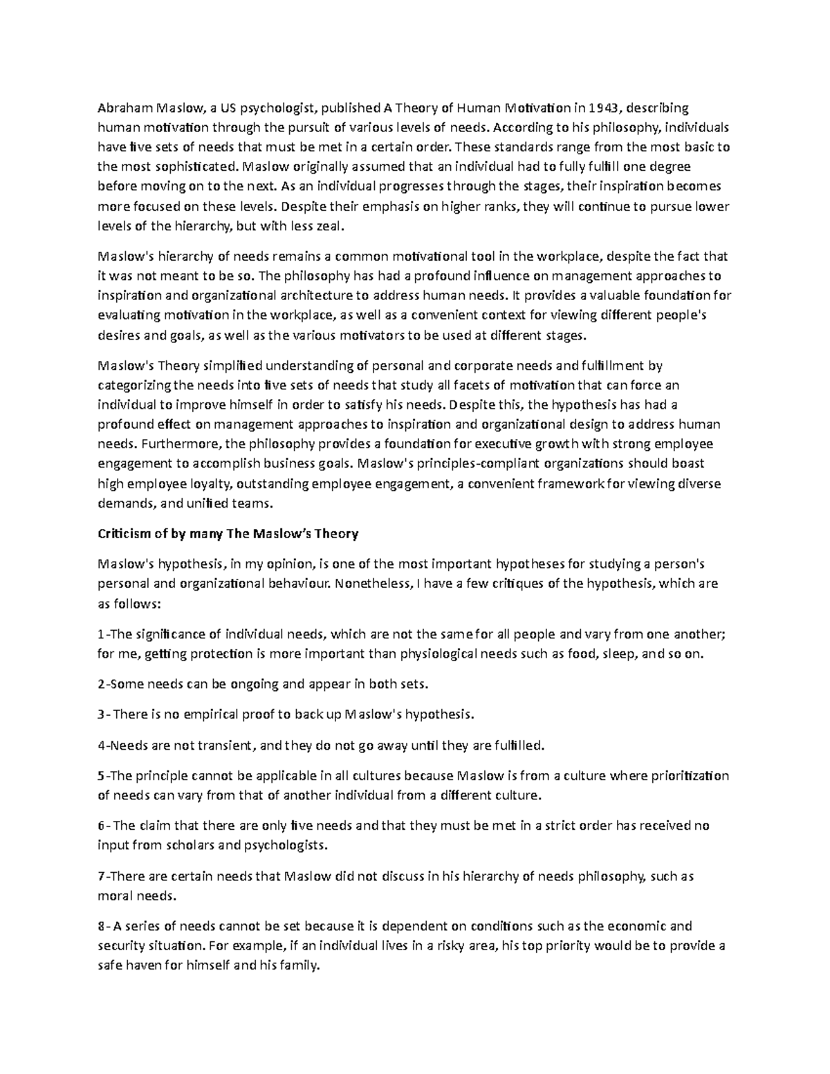 Portfolio 3 - Lecture notes ` - Abraham Maslow, a US psychologist ...