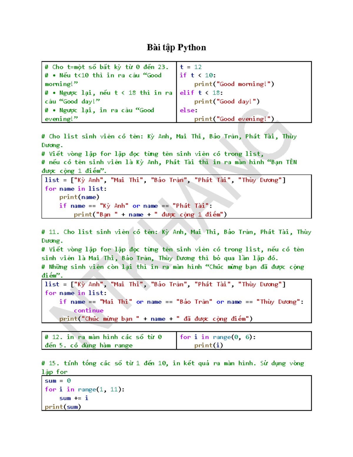 De Cuong Python Bài Tập Python Cho Tmột Số Bất Kỳ Từ 0 đến 23 • Nếu T