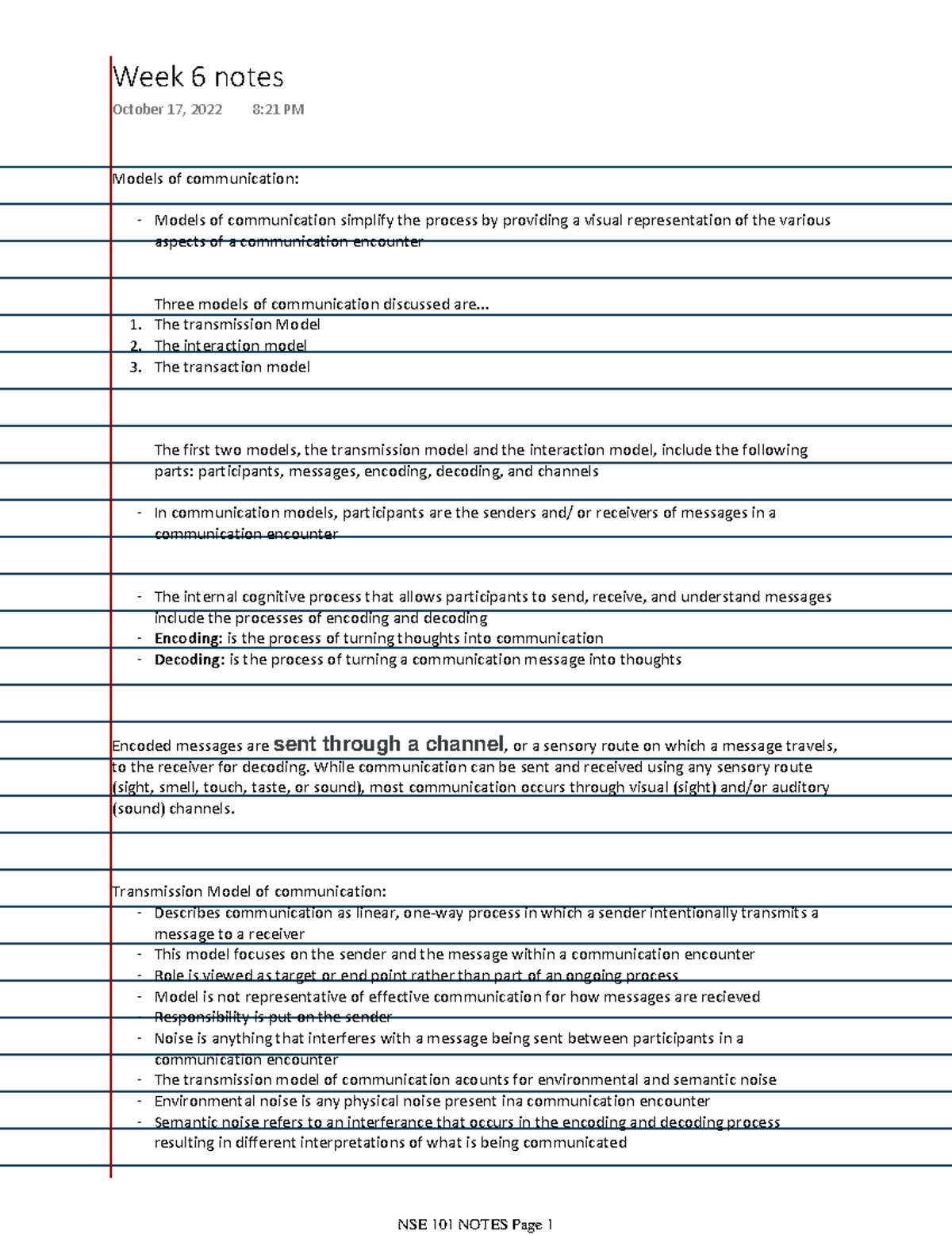 Week 6 notes - BLG101 - Models of communication: Models of ...
