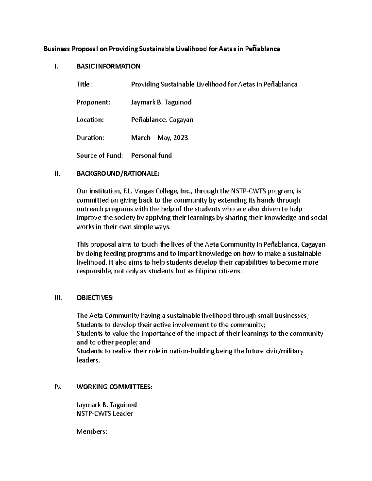 Business Proposal on Providing Sustainable Livelihood for Aetas in ...