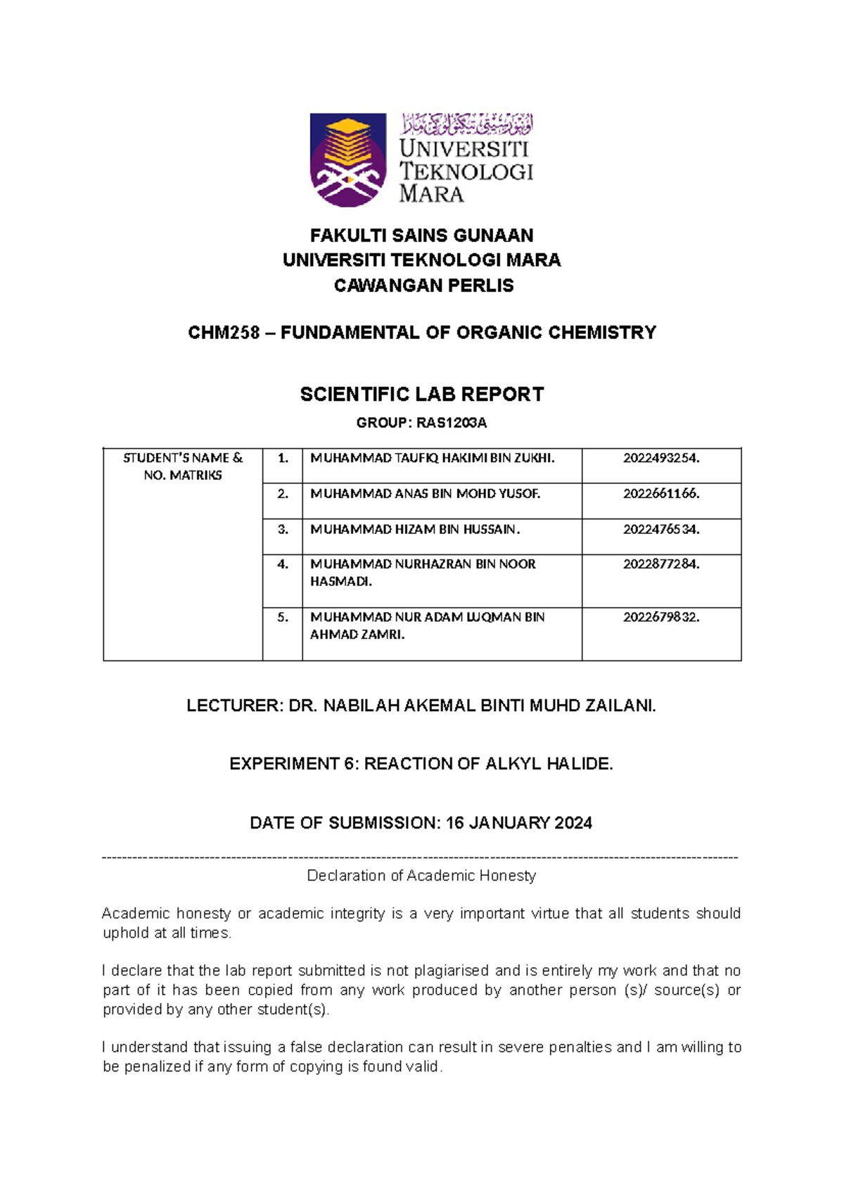 LAB Report CHM258 - GOOD ADVICE - FAKULTI SAINS GUNAAN UNIVERSITI ...