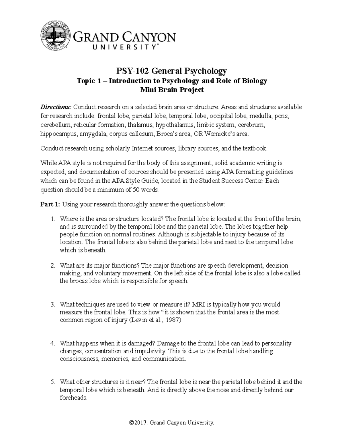 PSY 102 RS Mini Brain Project - PSY-102 General Psychology Topic 1 ...