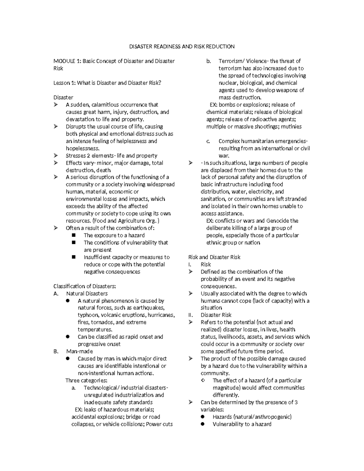 Disaster Readiness AND RISK Reduction (notes) - DISASTER READINESS AND ...