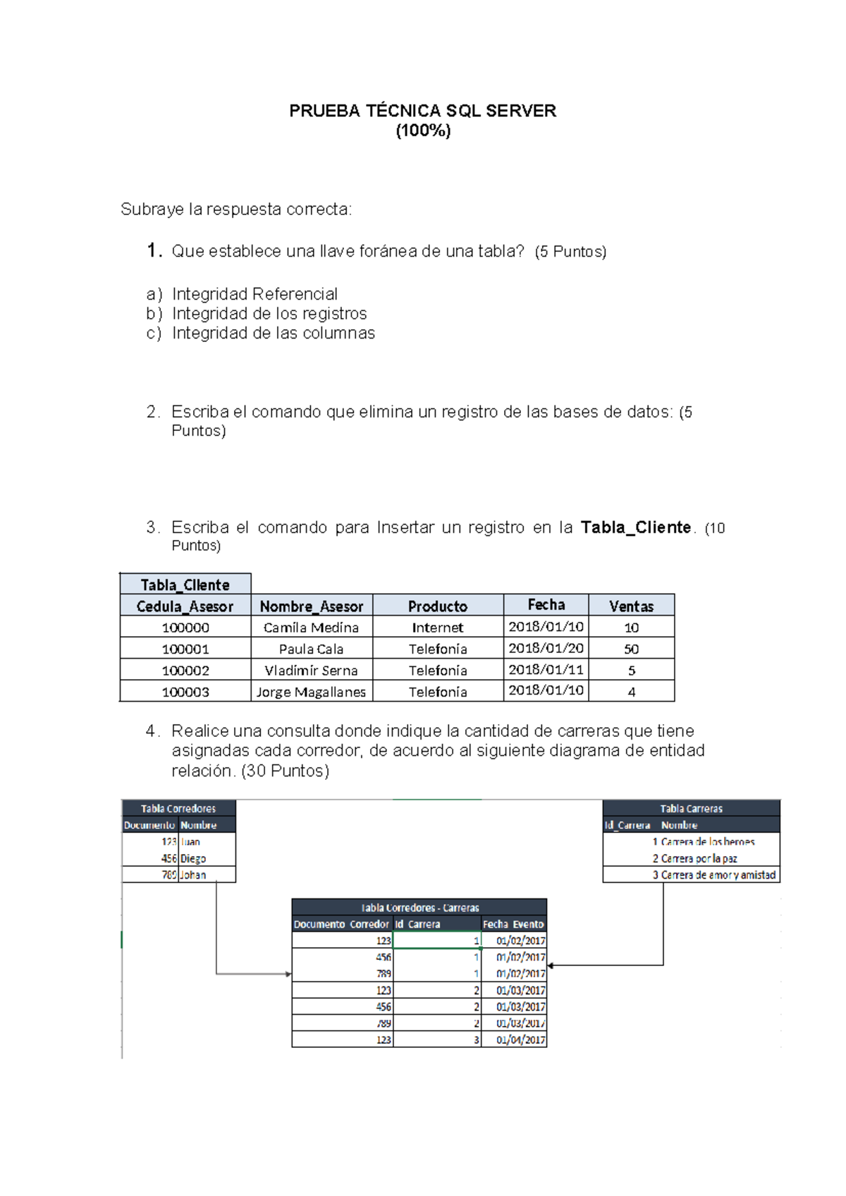 Prueba Tecnica - PRUEBA TÉCNICA SQL SERVER (100%) Subraye la respuesta ...