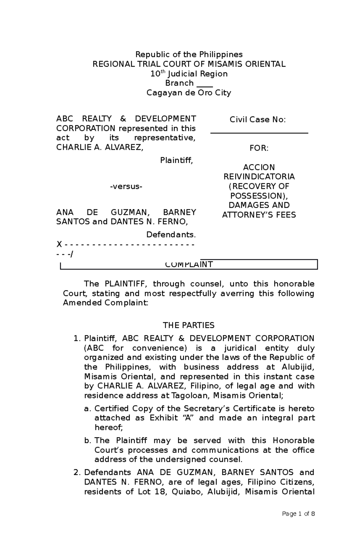 Complaint Sample - Template - Republic of the Philippines REGIONAL ...