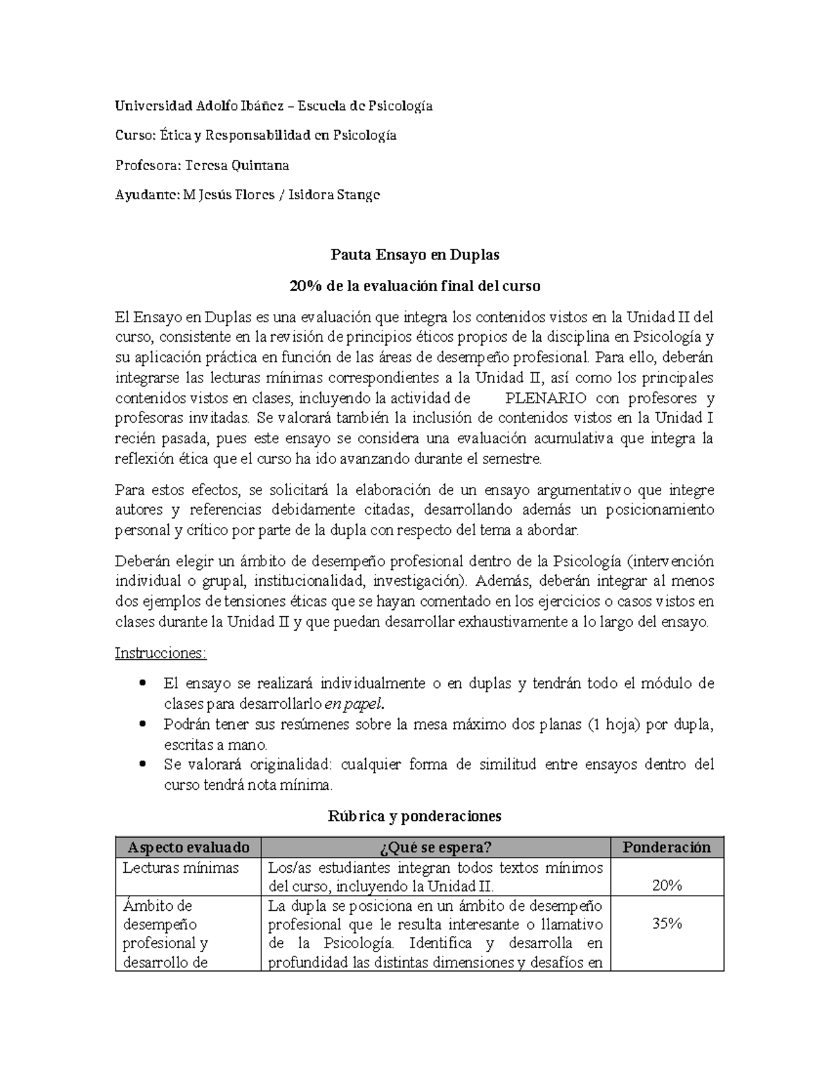 Pauta Ensayo en Duplas - Universidad Adolfo Ibáñez – Escuela de ...