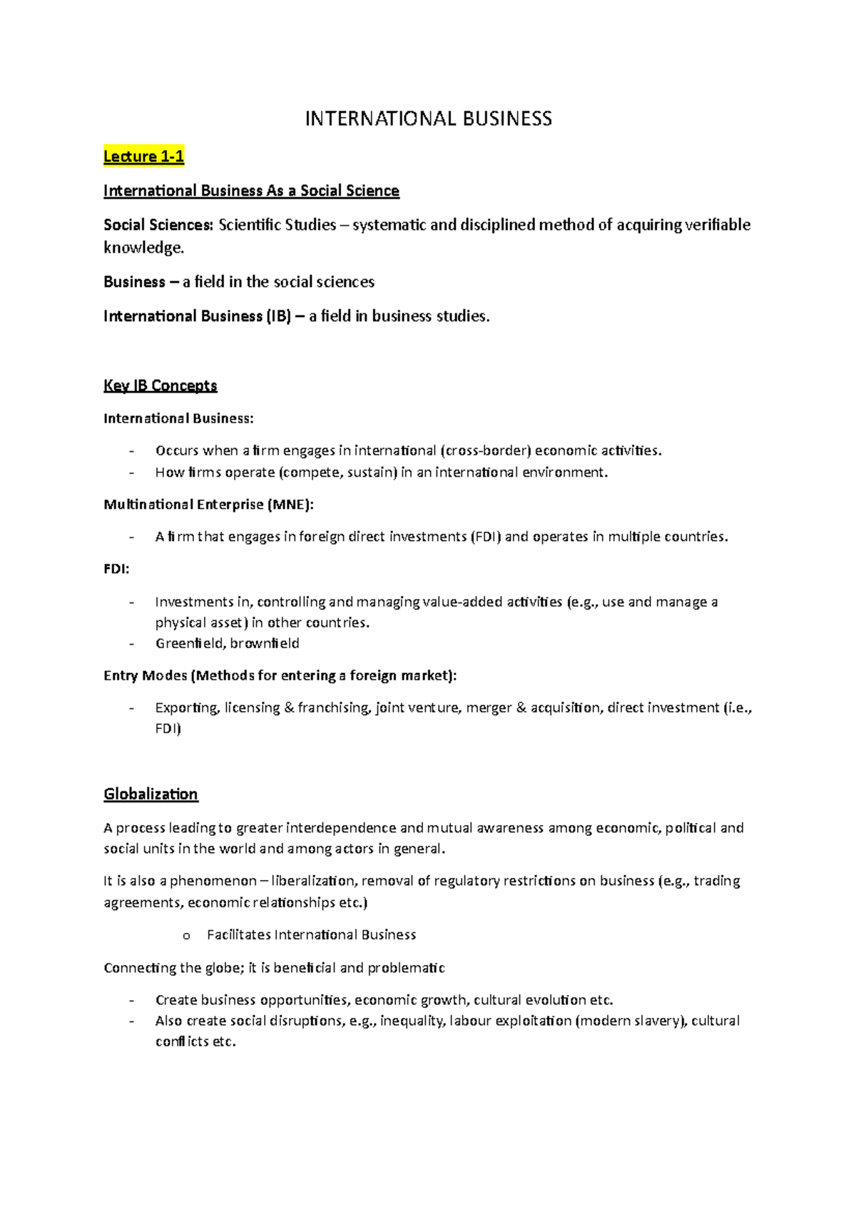 International Business Foundations - INTERNATIONAL BUSINESS Lecture 1 ...