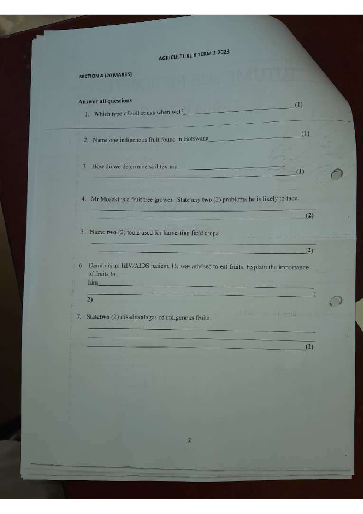 IMG-20240806-WA0006 - Psle - AGRICULTURE 6 TERM 2 2023 SECTION A (20 MARKS) Answer all questions ...
